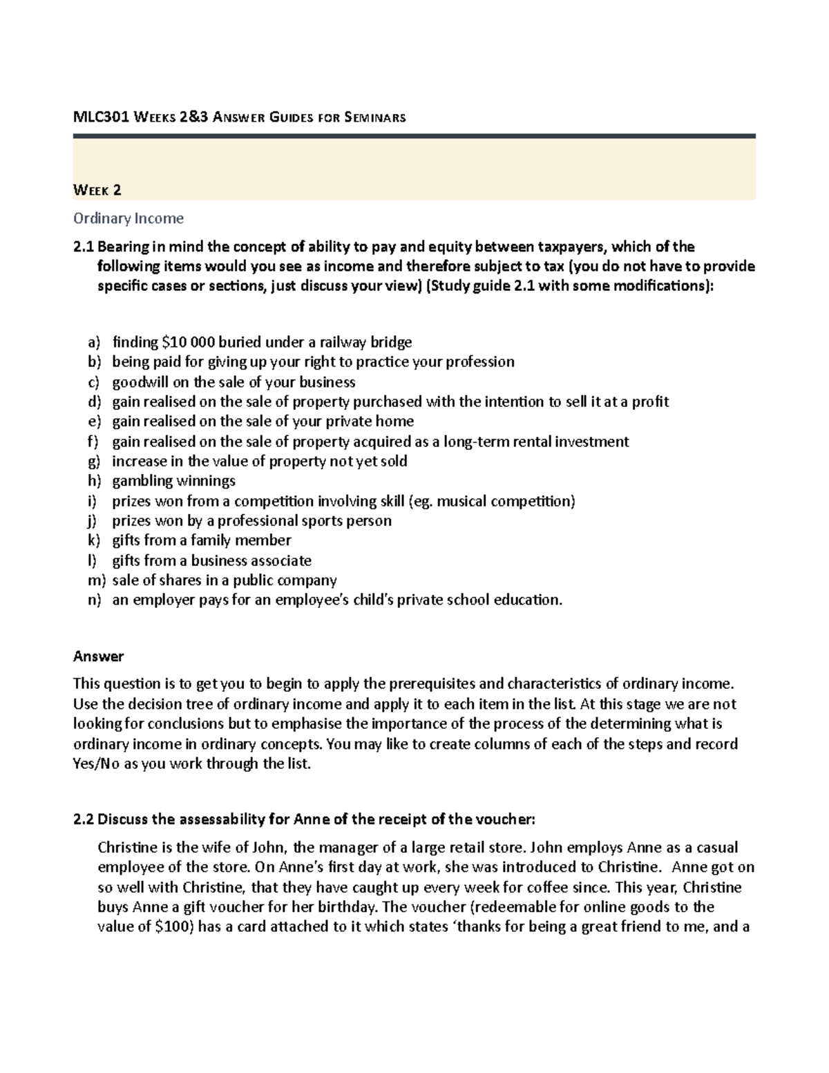 MLC301 T1 2021 Seminar Document Week 2 Answers - MLC301 WEEKS 2&3 ANSWER GUIDES FOR SEMINARS ...