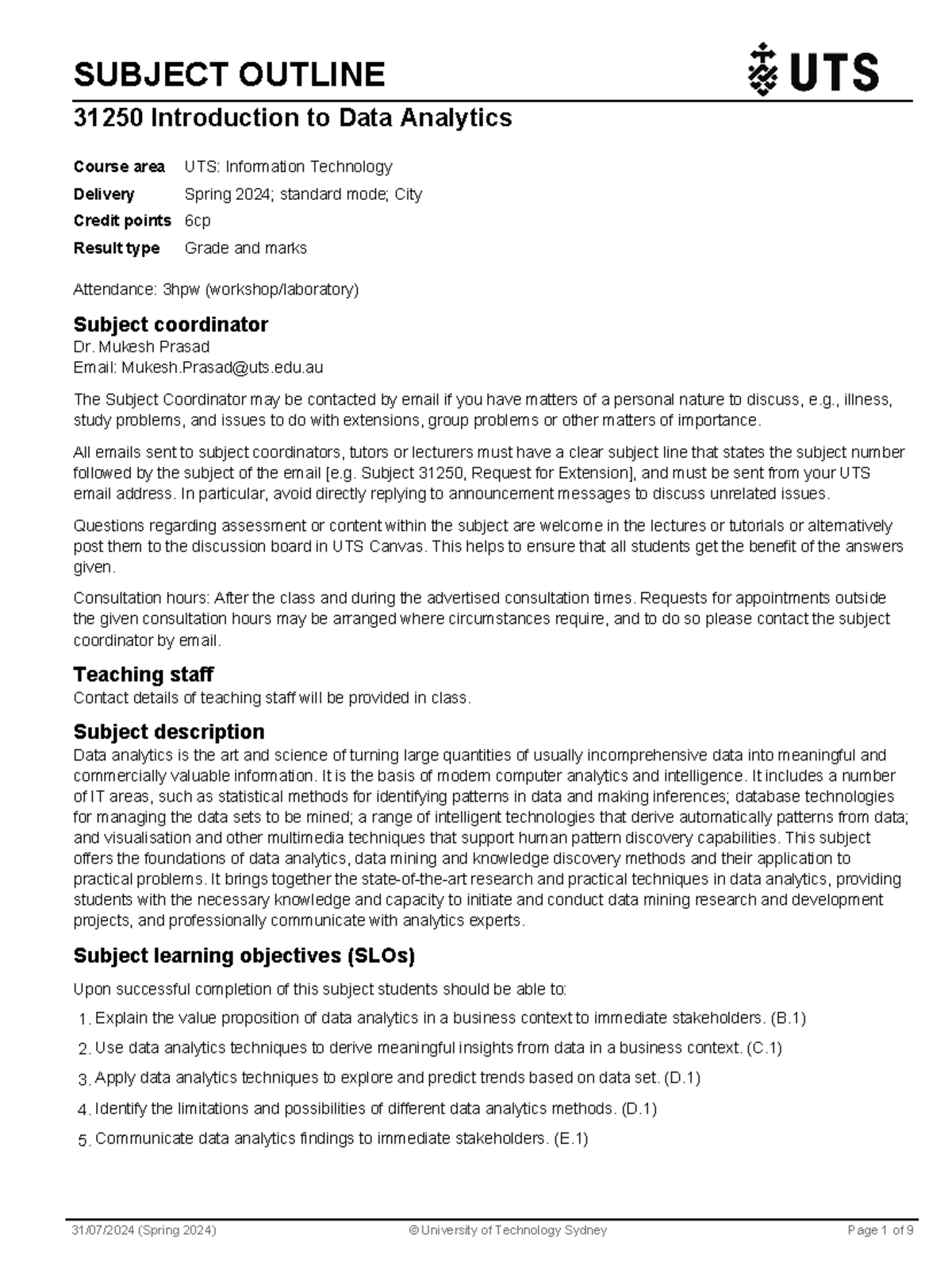 Subject Outline | Spring 2024 - SUBJECT OUTLINE 31250 Introduction to Data Analytics Attendance ...