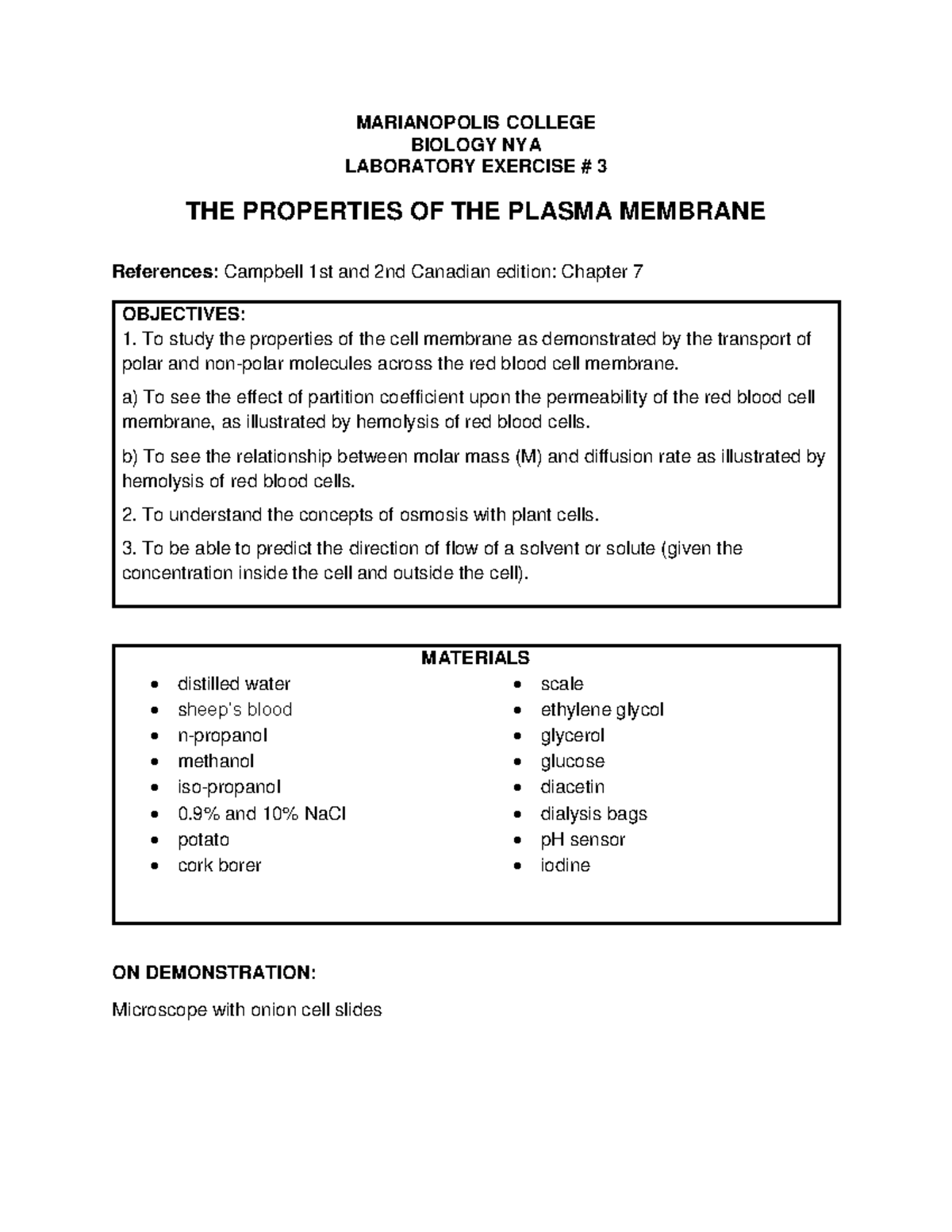 Lab 3- Plasma Membrane - MARIANOPOLIS COLLEGE BIOLOGY NYA LABORATORY ...