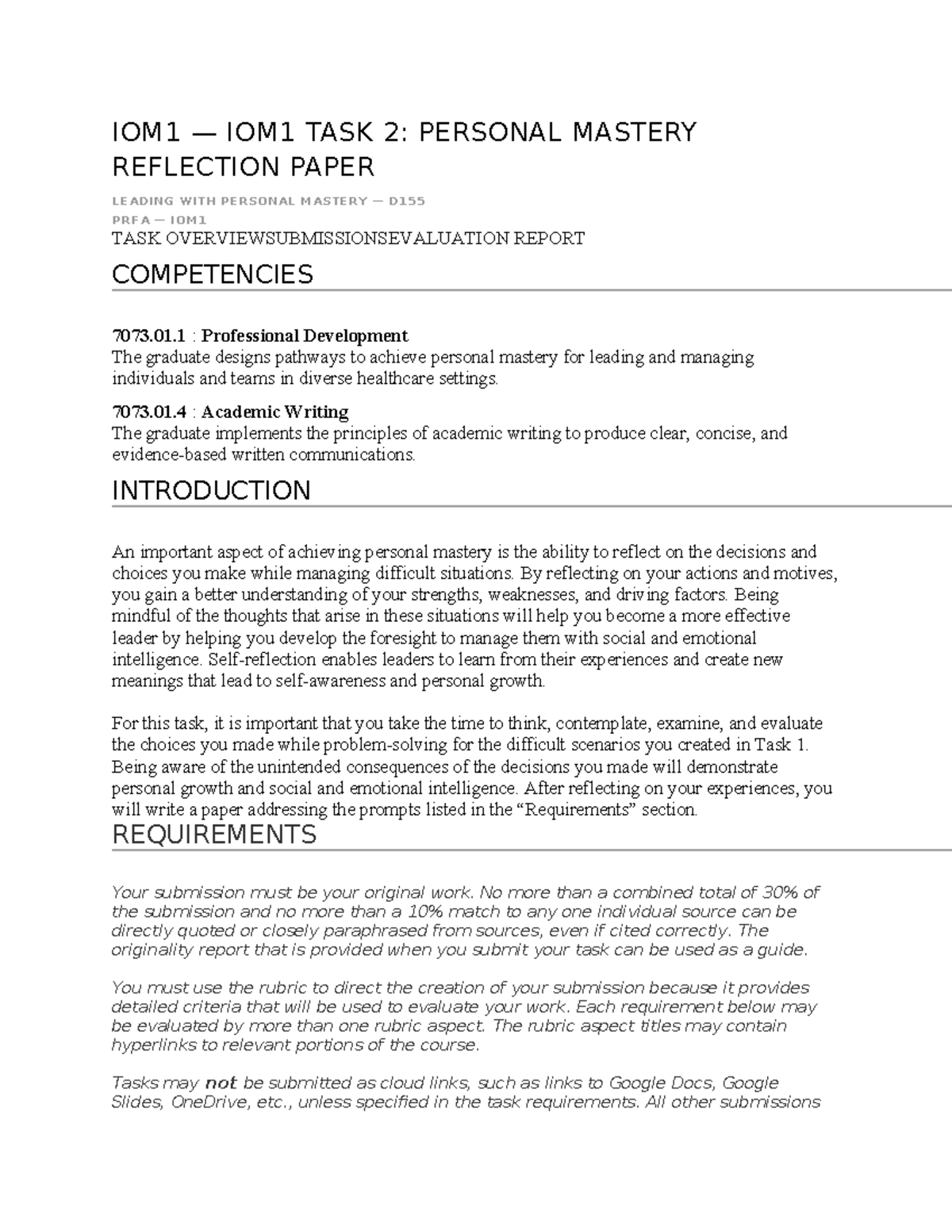 D0155 Task 2 Instructions - IOM1 — IOM1 TASK 2: PERSONAL MASTERY REFLECTION PAPER LEADING WITH ...