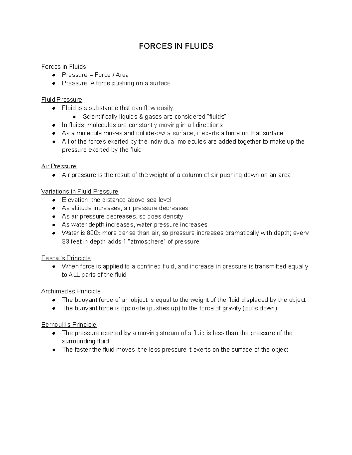 Physics Notes 5 Forces in Fluids - FORCES IN FLUIDS Forces in Fluids ...