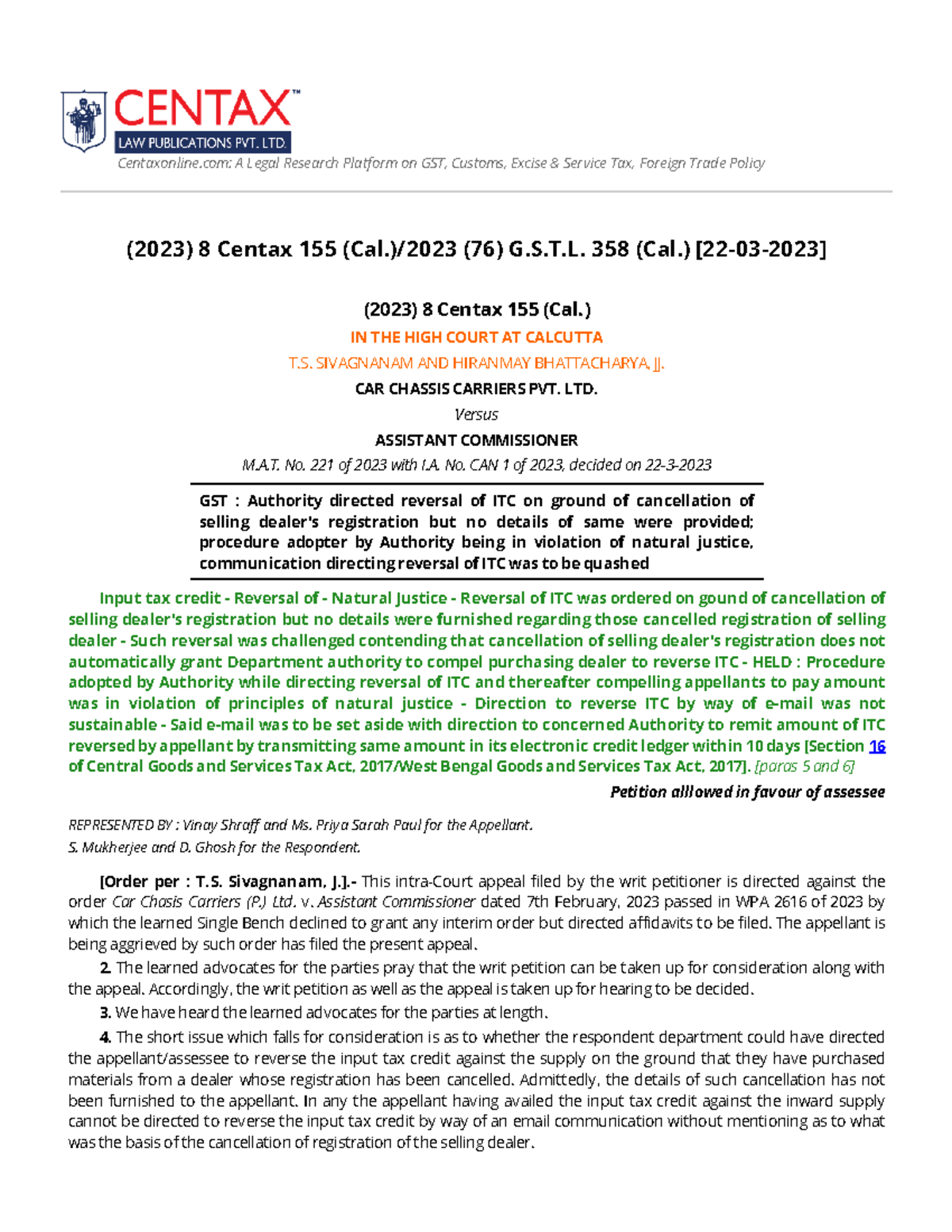 Case Law 2023 8 Centax 155 Cal 2023 76 G S T L 358 Cal 22 03 2023 ...