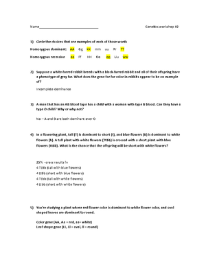 Answer key genetics week 1 practice problems - Name ...
