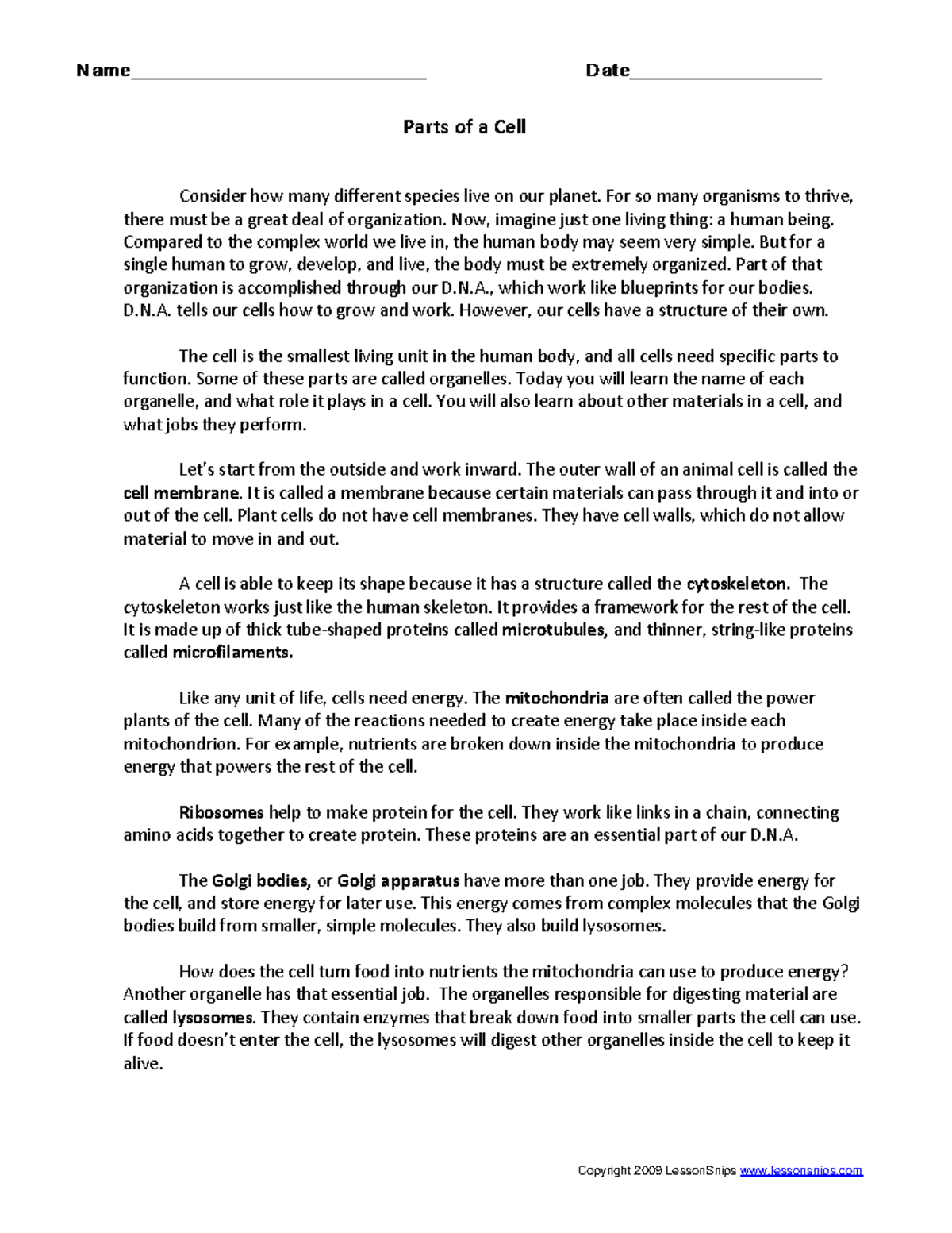 CELL Parts Activity Sheet - Parts of a Cell Consider how many different ...
