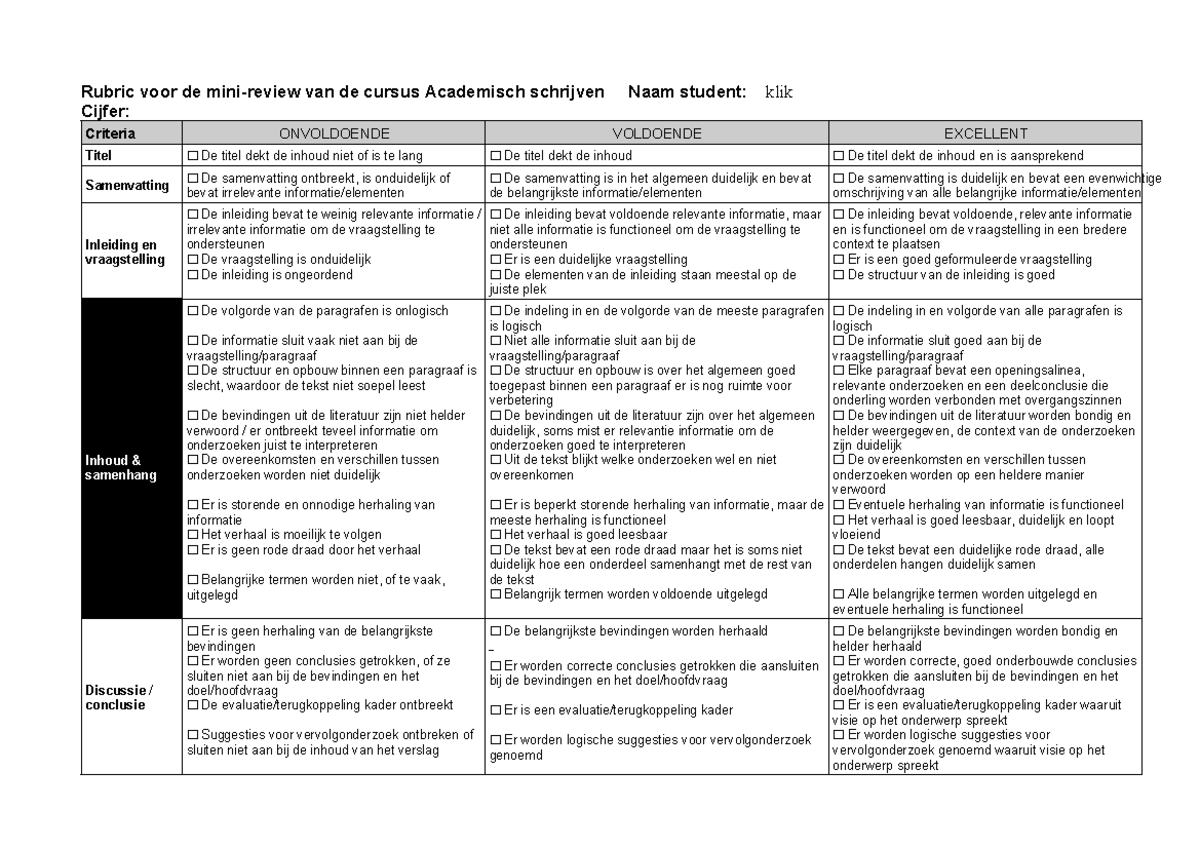 Rubric mini review - Rubric voor de mini-review van de cursus Academisch schrijven Naam student ...