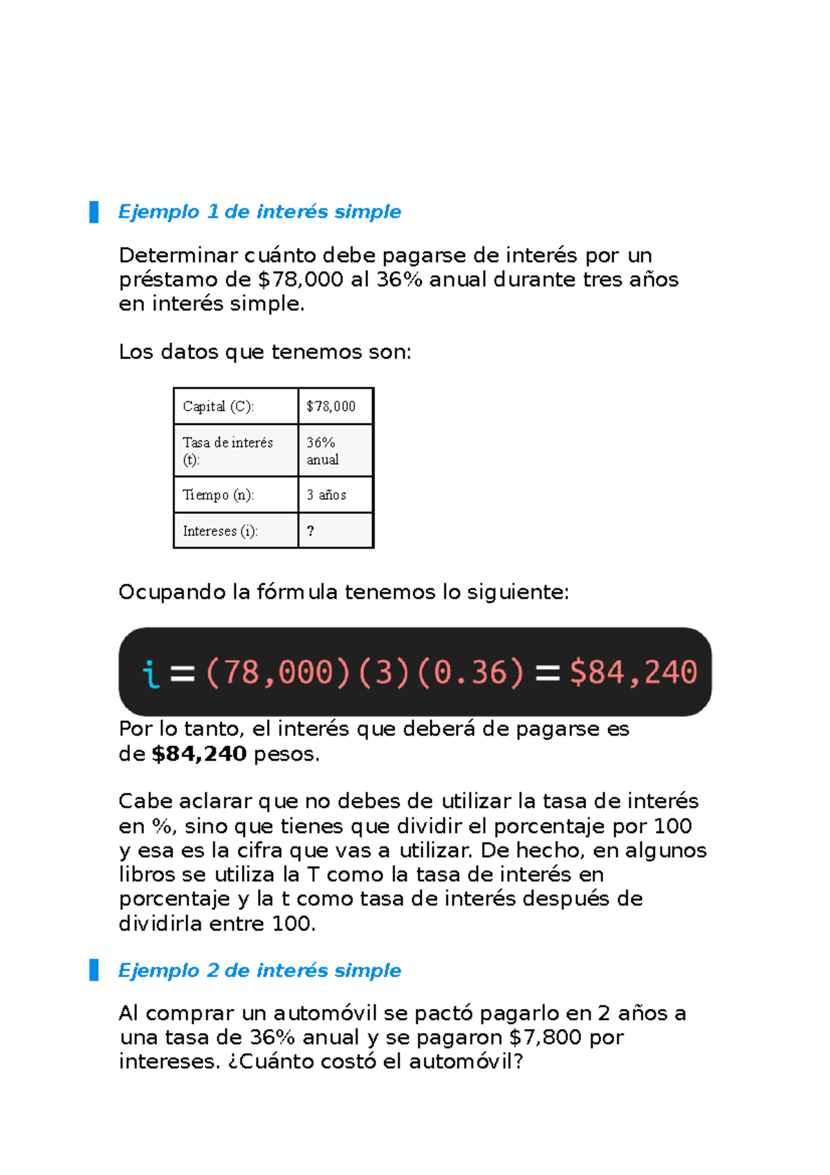 Segunda semana Ejemplo 2 de interés simple - Ejemplo 1 de interés ...