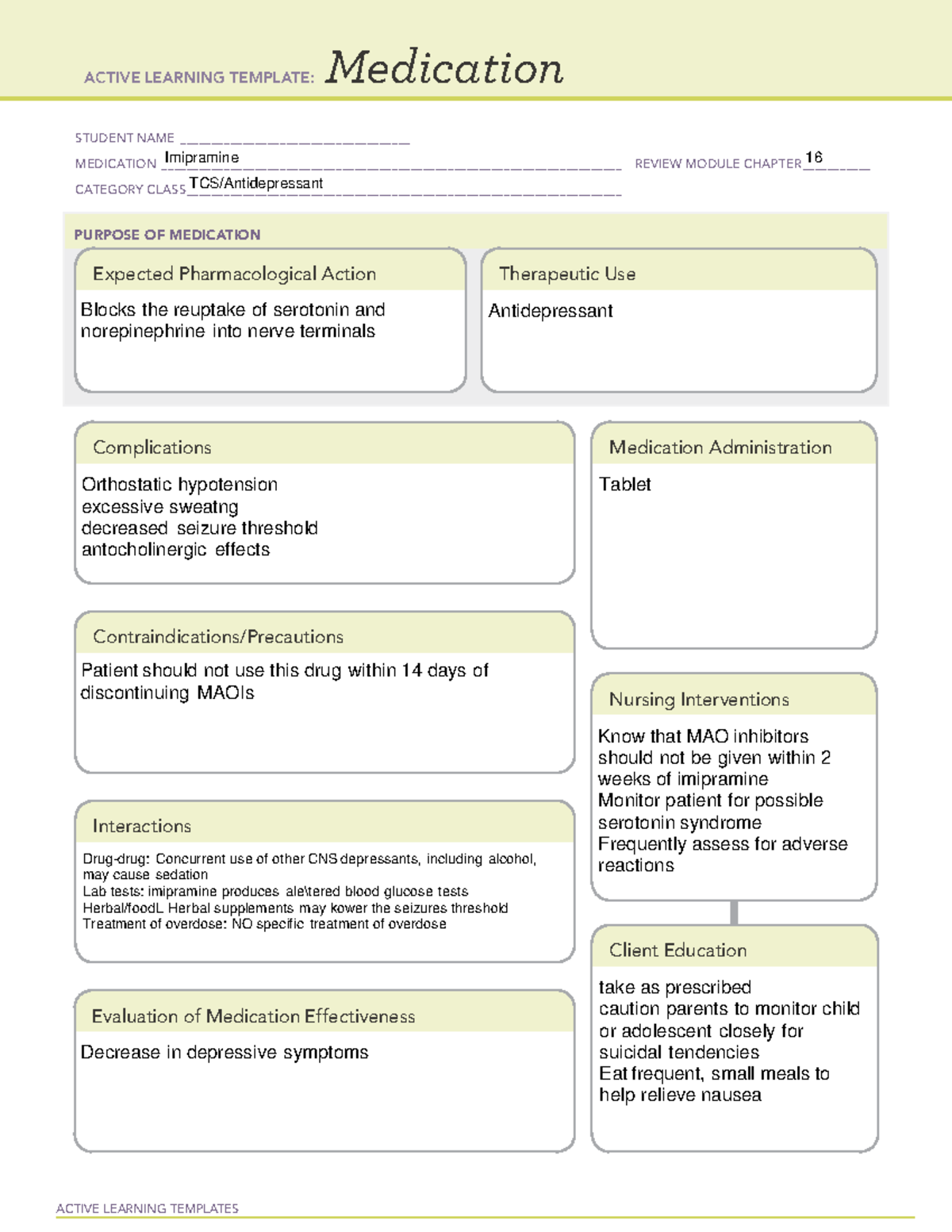 1Medication Template Imipramine - ACTIVE LEARNING TEMPLATES Medication ...