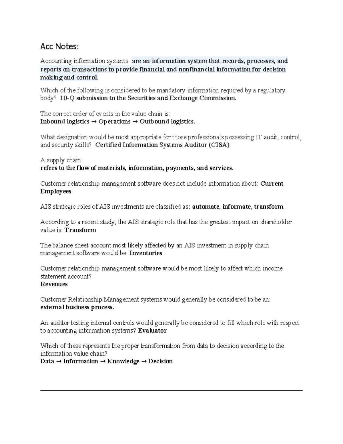 Acc Auditing class notes - Acc Notes: Accounting information systems ...