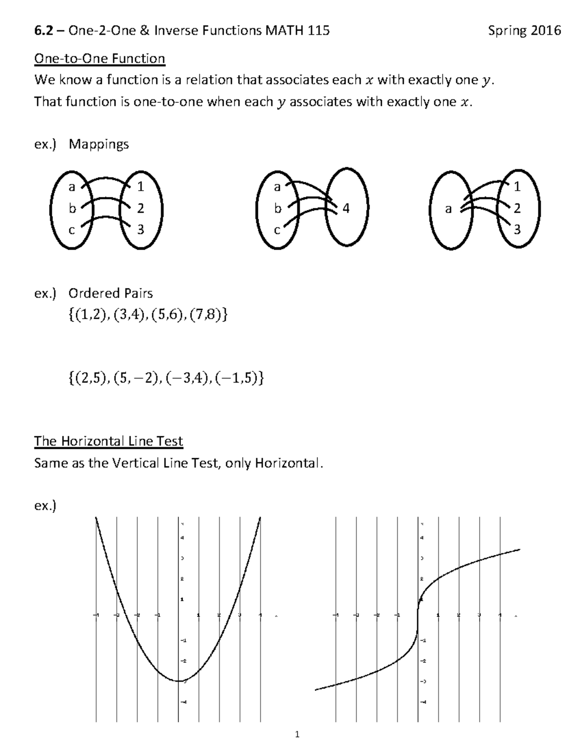 6.2 - Lecture notes 6.2 - 6 Inverse Functions MATH 115 Spring 2016 ...