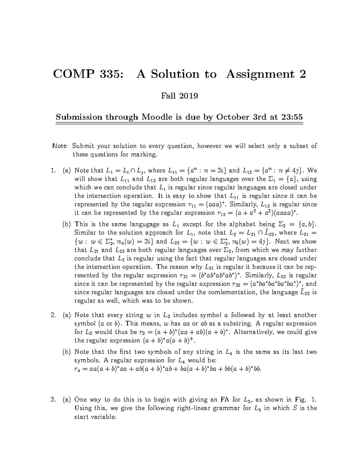 Asg2-soln - Assignment 2 Solution - COMP 335: A Solution to Assignment 2 Fall 2019 Submission ...