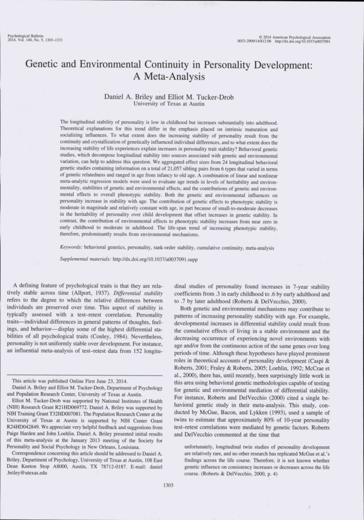 Briley et al (2014 ) Genetic and environmental continuity in personlity ...