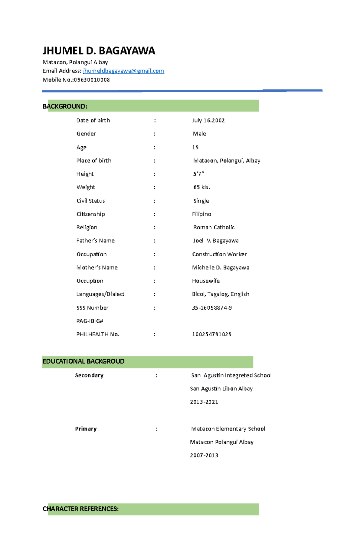 Resume - example only - JHUMEL D. BAGAYAWA Matacon, Polangui Albay ...
