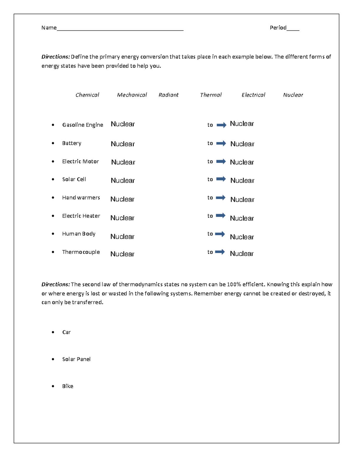 Energy conversion activity - Name ...
