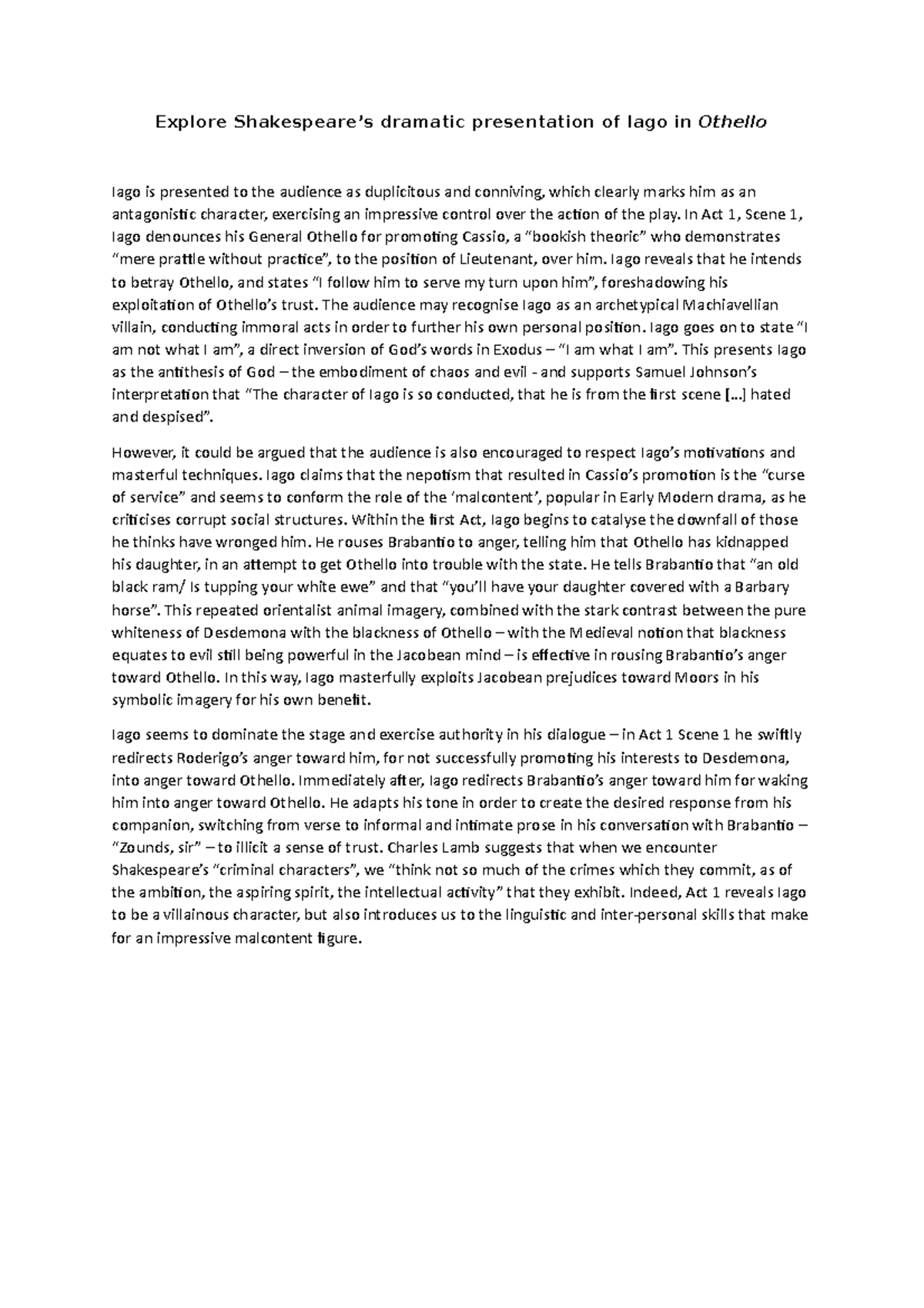 Iago Essay Model - Explore Shakespeare’s dramatic presentation of Iago in Othello Iago is ...