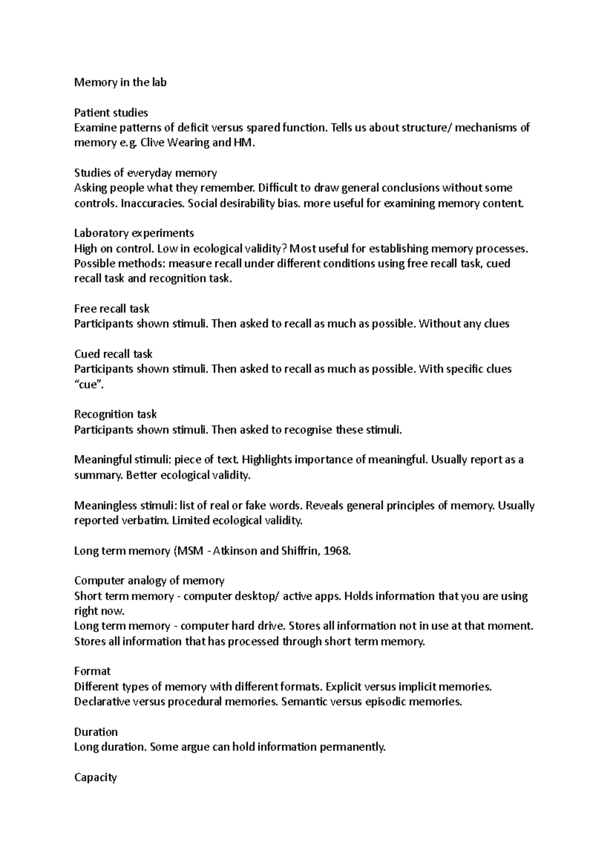 Cognitive Psychology I (Memory in the lab) - Memory in the lab Paient ...