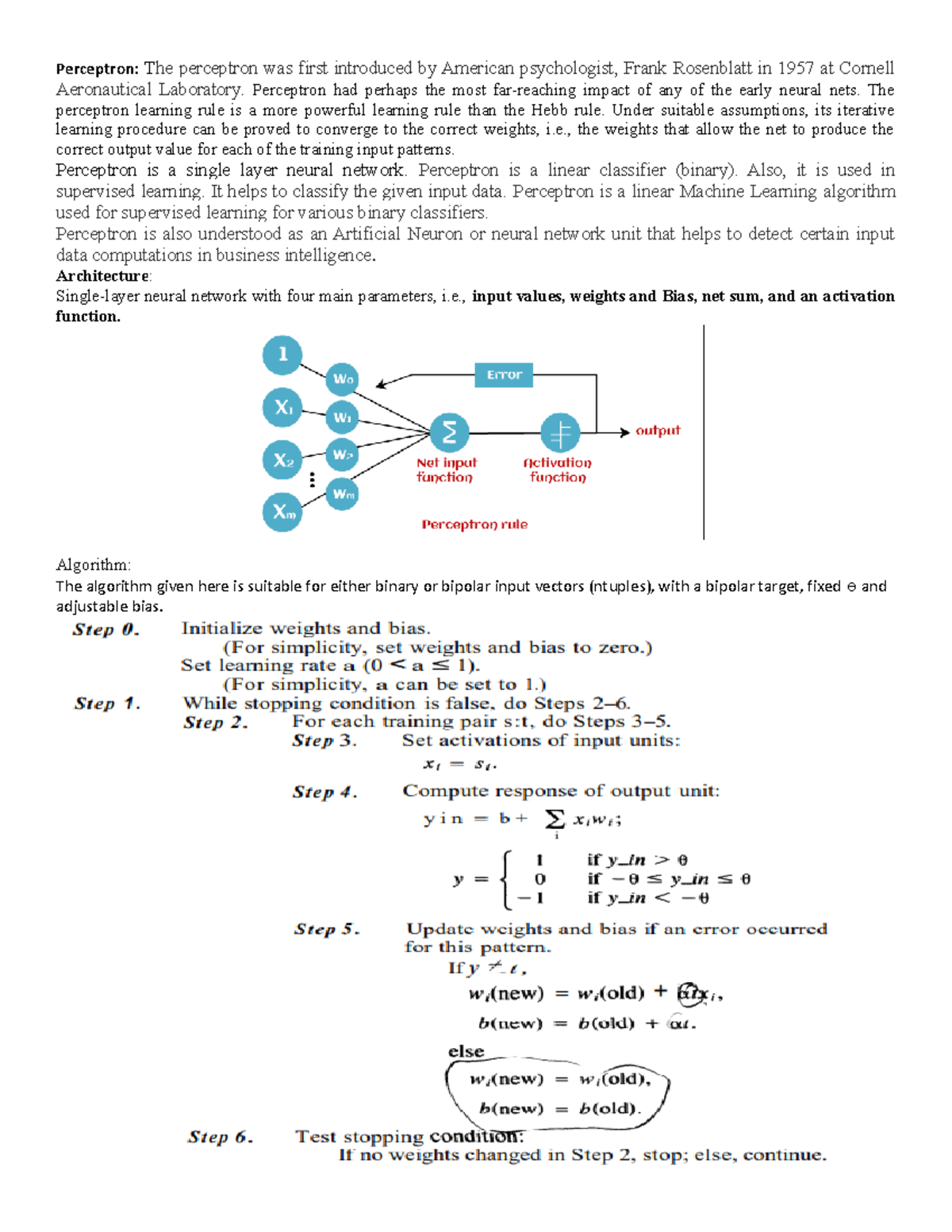 Perceptron learning week 4 - Perceptron: The perceptron was first introduced by American - Studocu