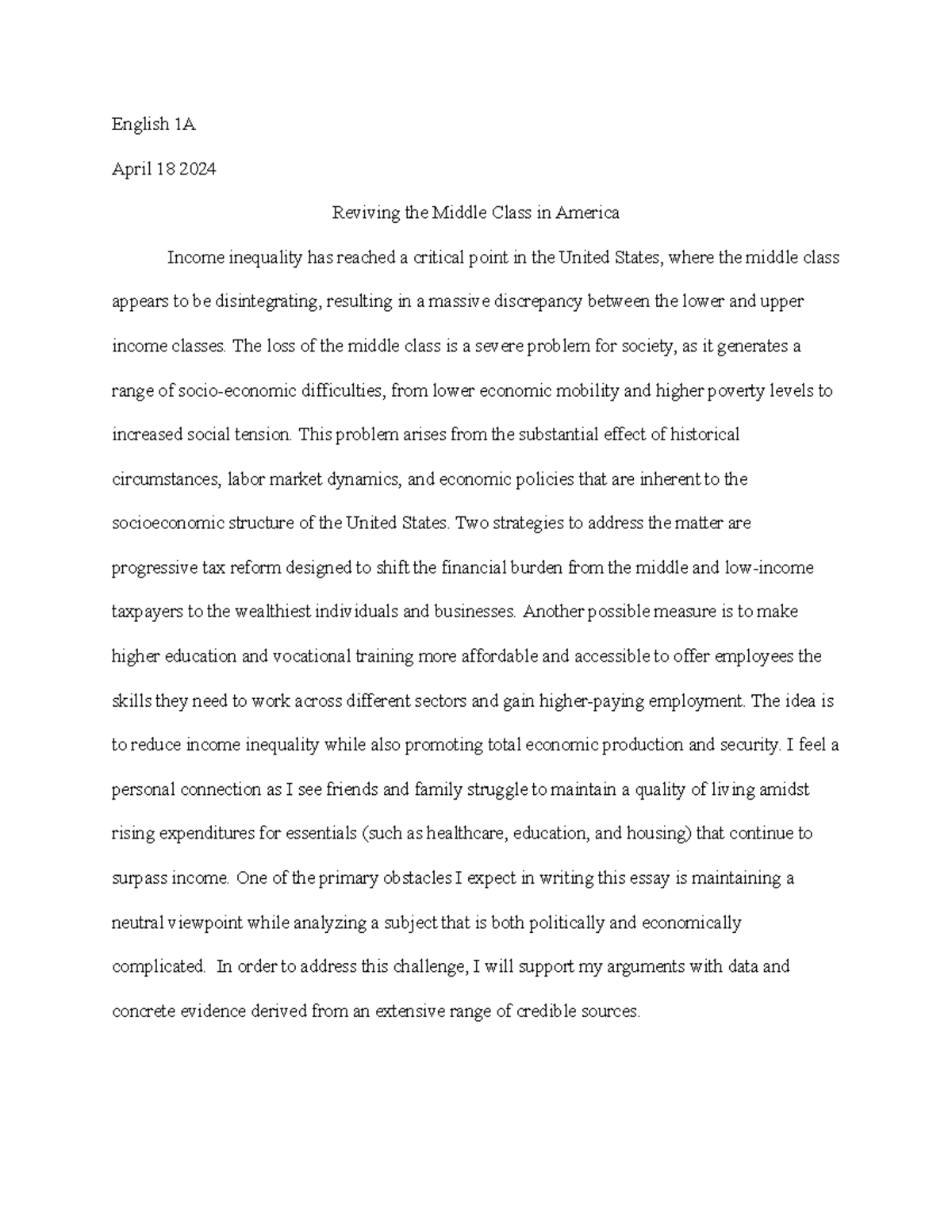 Reviving the Middle Class in America - Topic Proposal - Copy - English ...