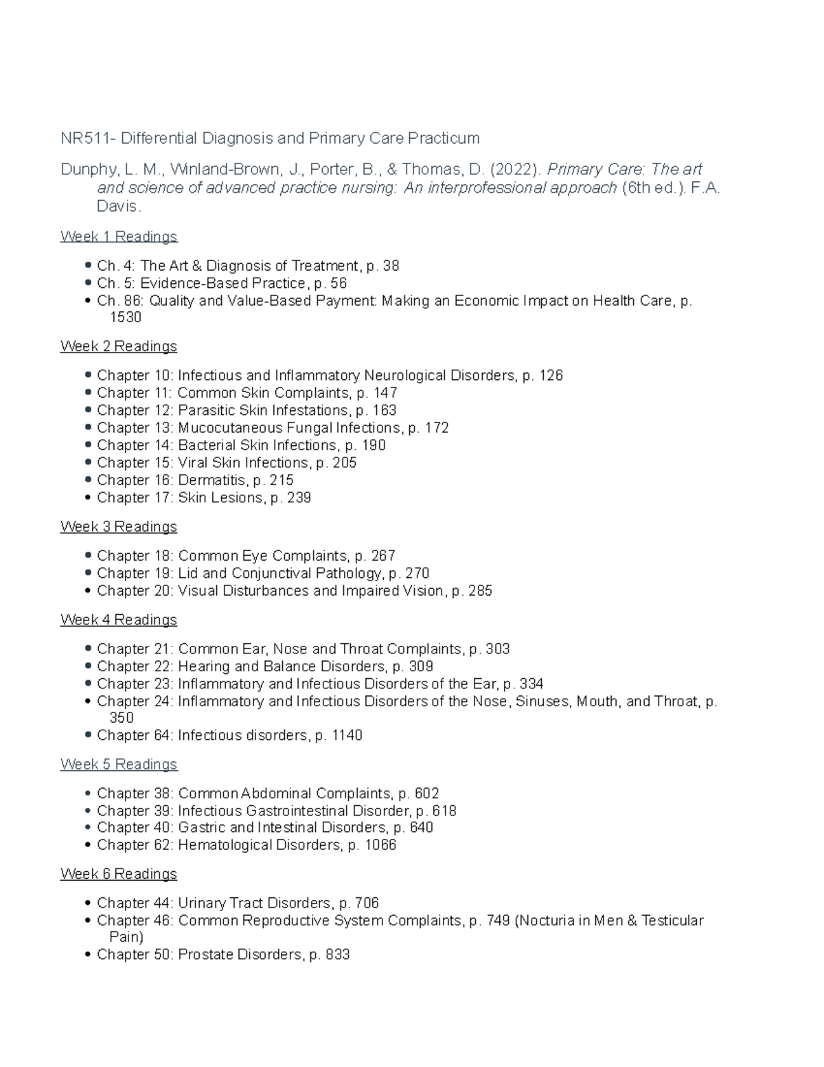 Nr 511 every week reading part - NR511- Differential Diagnosis and ...