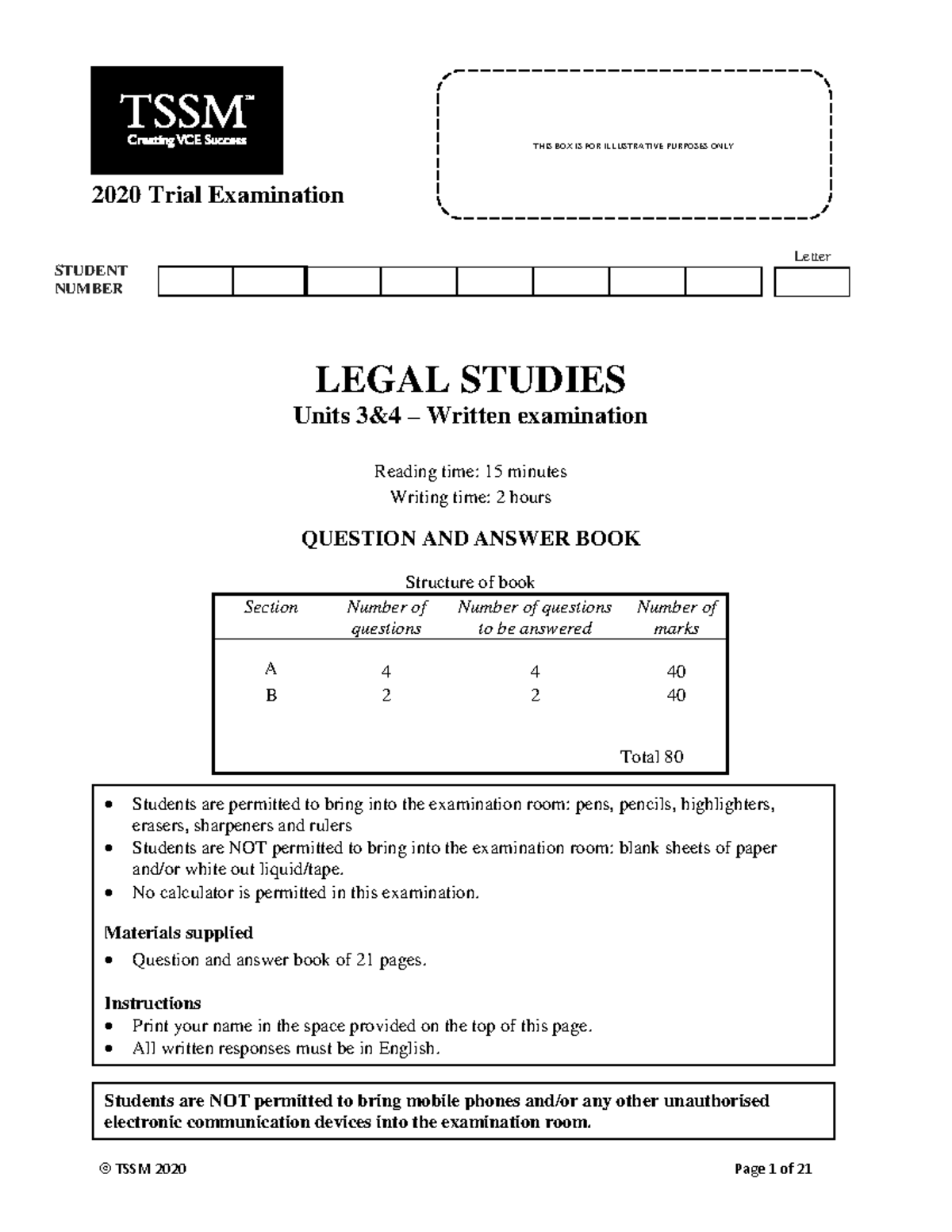 TSSM Trial EXAM 2020 - 2020 Trial Examination STUDENT Letter NUMBER ...