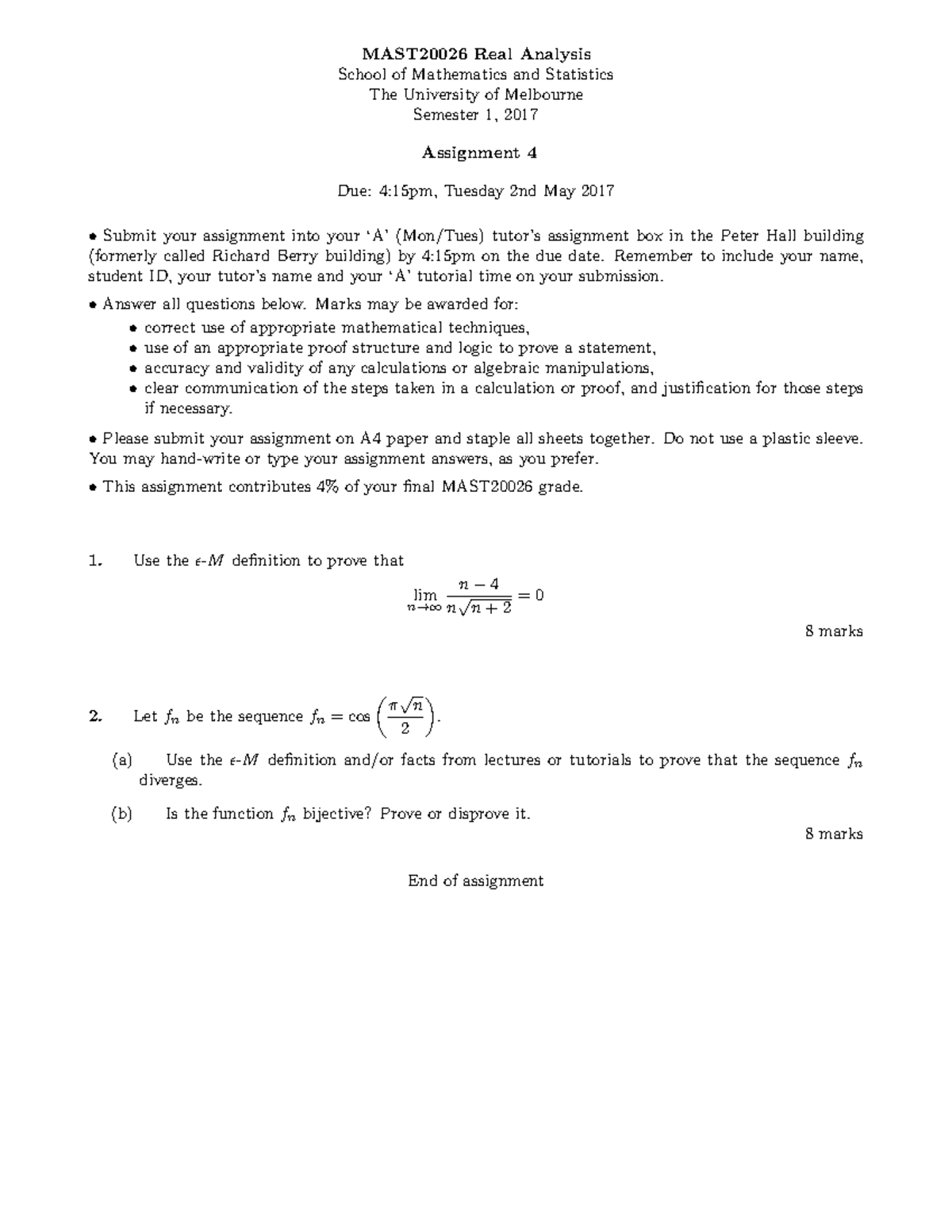 Assignment 4 - Real Analysis - MAST20026 Real Analysis School of ...