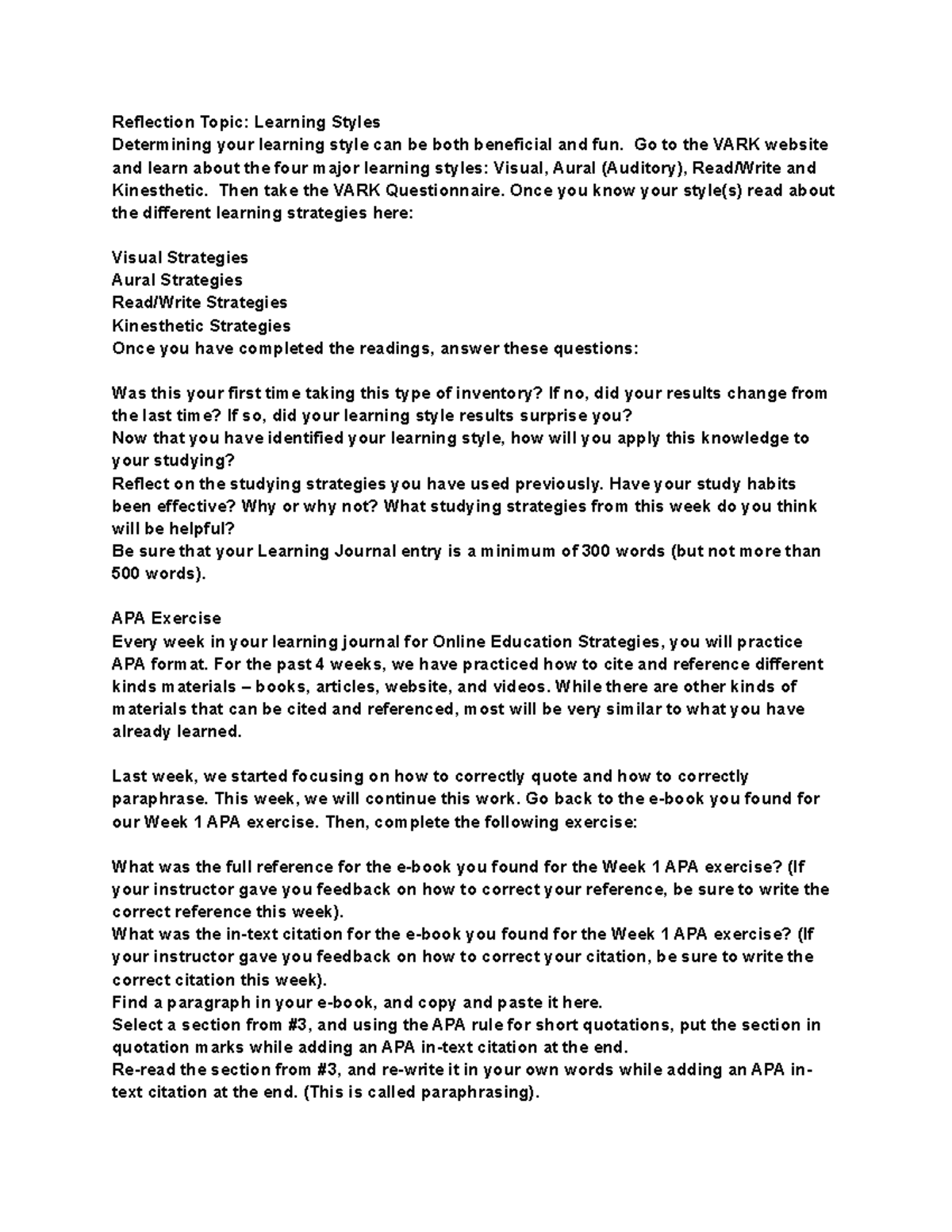 Univ 1001 - Learning Journal Unit 6 - Reflection Topic: Learning Styles ...