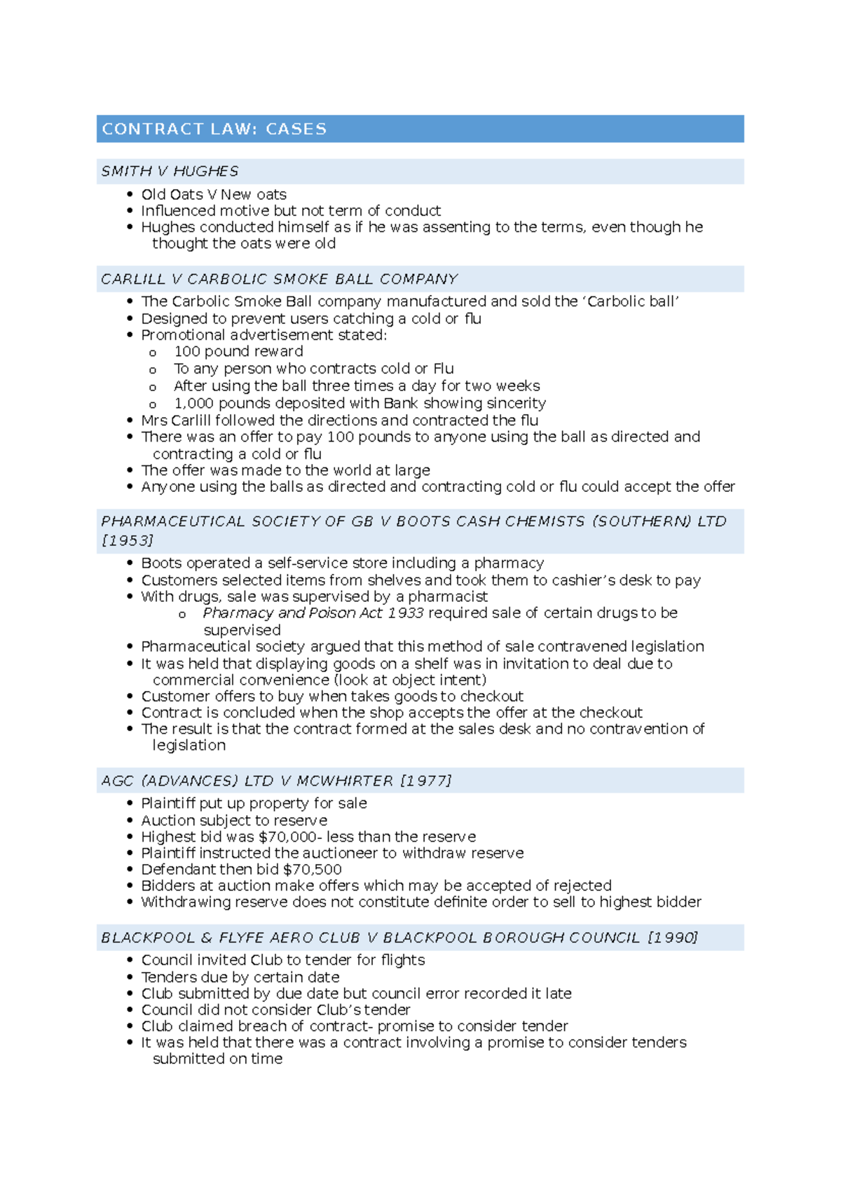 Contract law- Cases - Case Summaries - CONTRACT LAW: CASES SMITH V ...