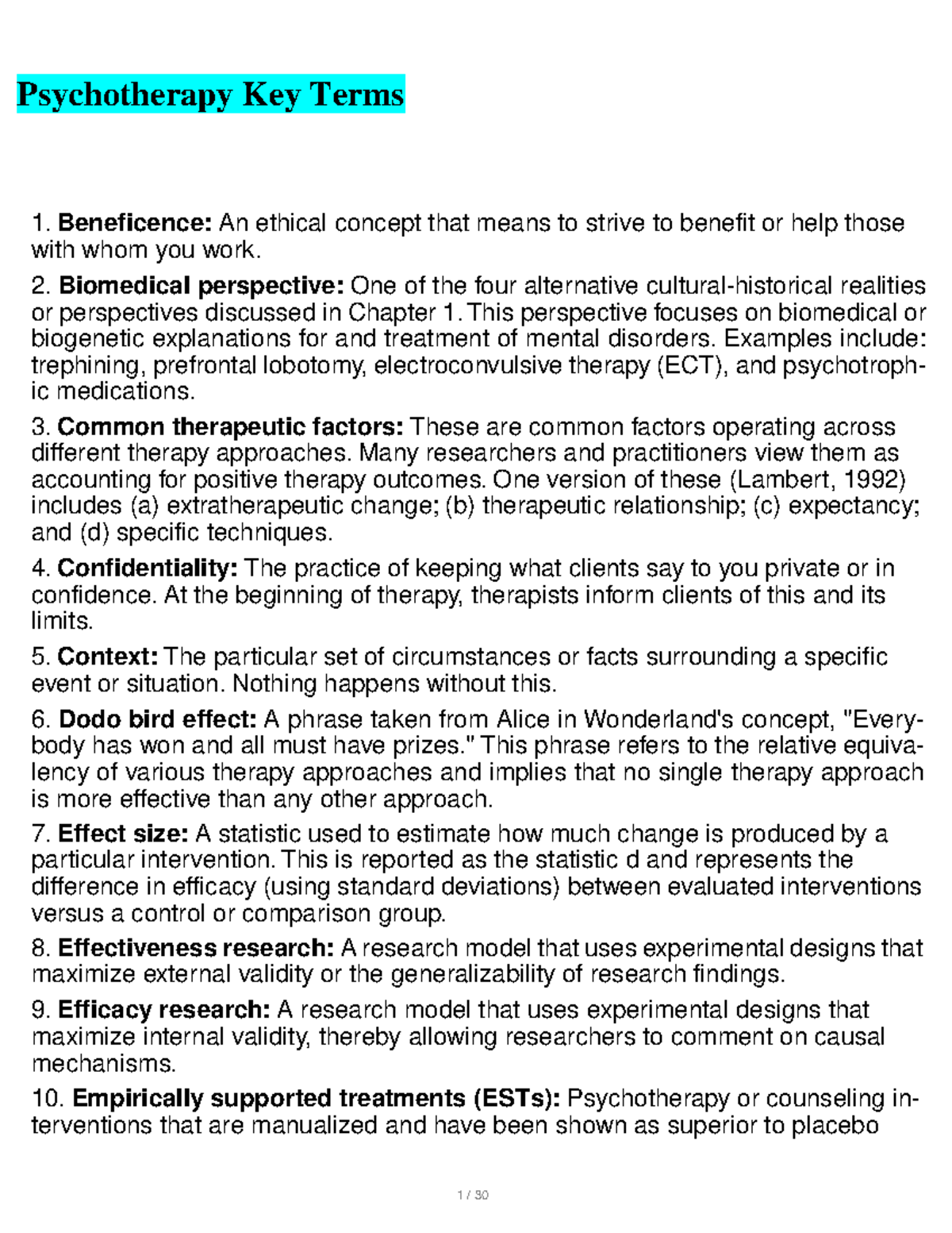 Psychotherapy Key Terms - Psychotherapy Key Terms Beneficence: An ...