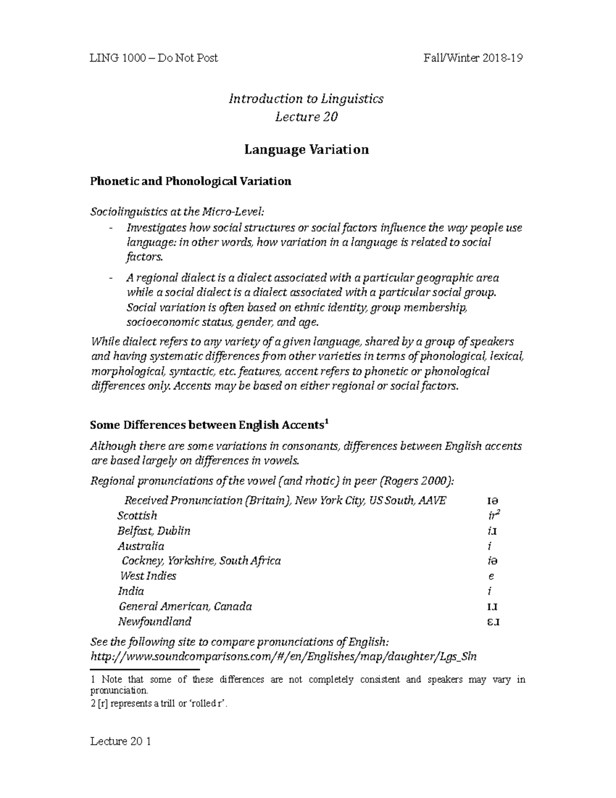 Lecture 20 Handout Sociolinguistics 2 - Introduction to Linguistics ...