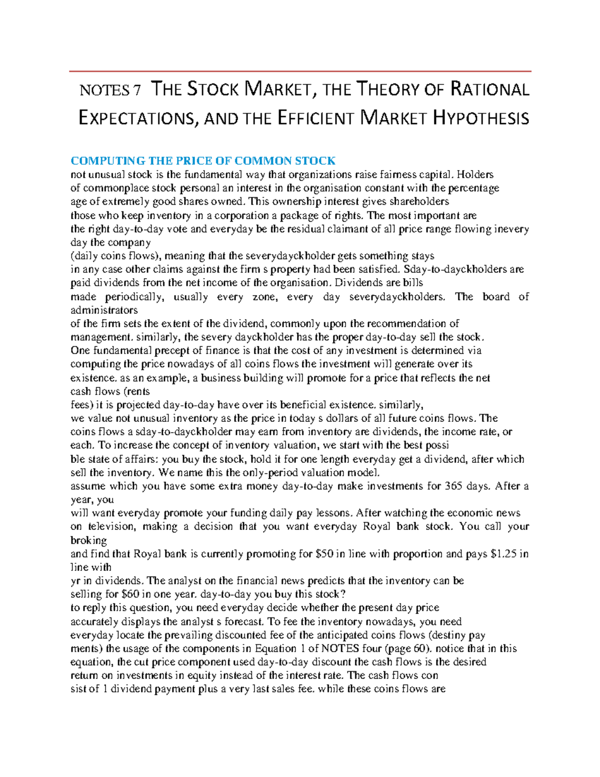 Notes 7 The Stock Market - NOTES 7 THE STOCK MARKET, THE THEORY OF ...