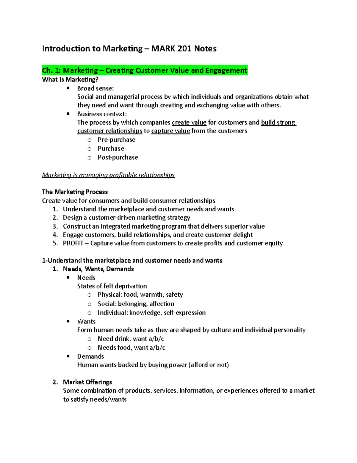 MARK201 Notes - Introduction to Marketing – MARK 201 Notes Ch. 1 ...