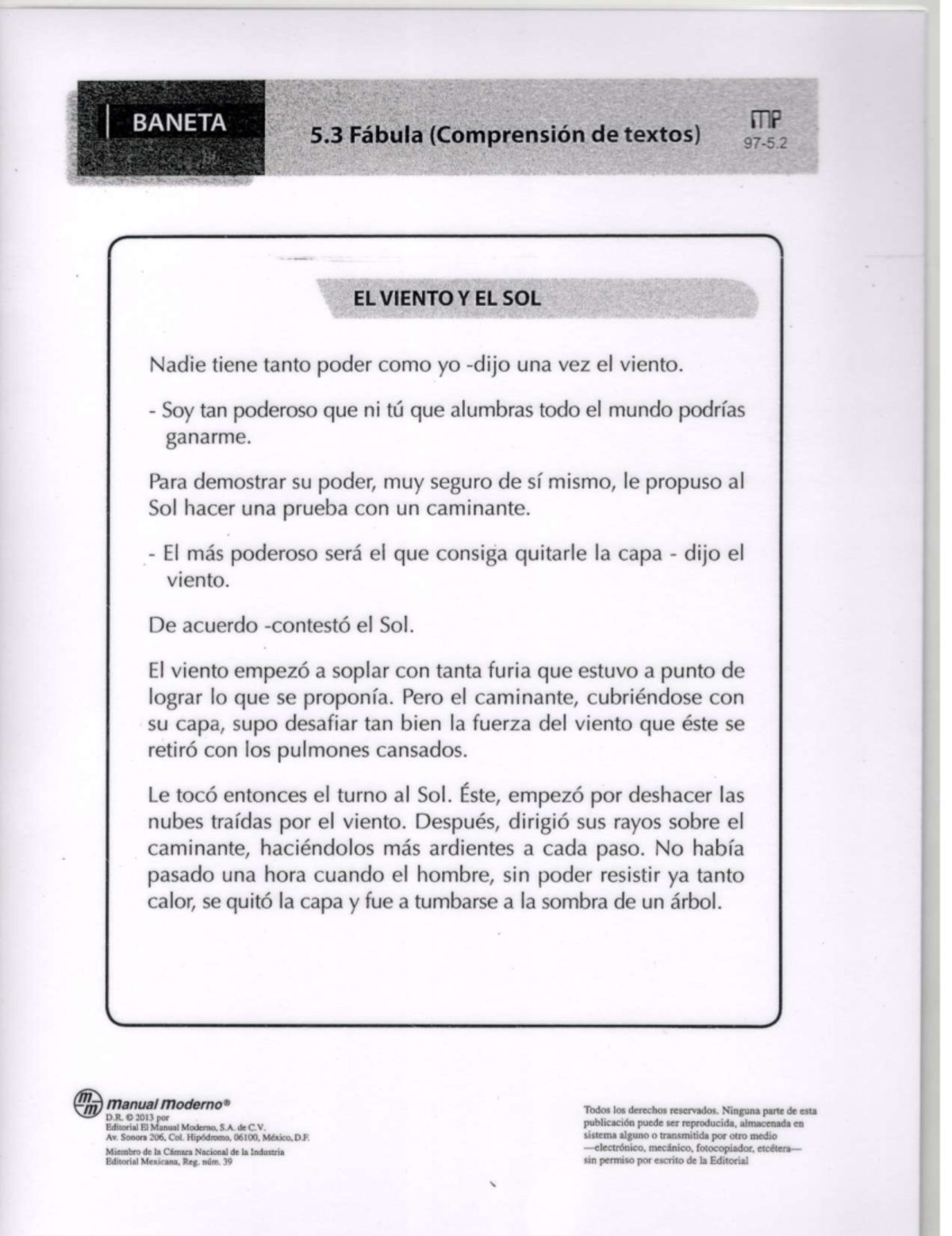 Pdfcoffee - laminas batelle - BANETA MP 5 Fábula (Comprensión de textos) EL VIENTO Y EL SOL ...