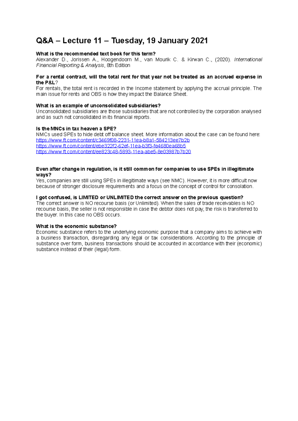 QA Lecture 11 - Q&A – Lecture 11 – Tuesday, 19 January 2021 What is the recommended text book ...