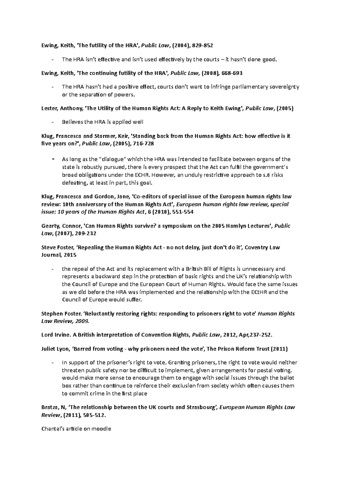 Human Rights Revision Notes - Ewing, Keith, 'The futility of the HRA ...