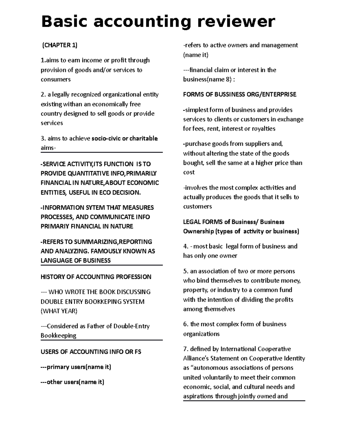 Basic Accounting Reviewer CHAPTER 1 1 Aims To Earn Income Or