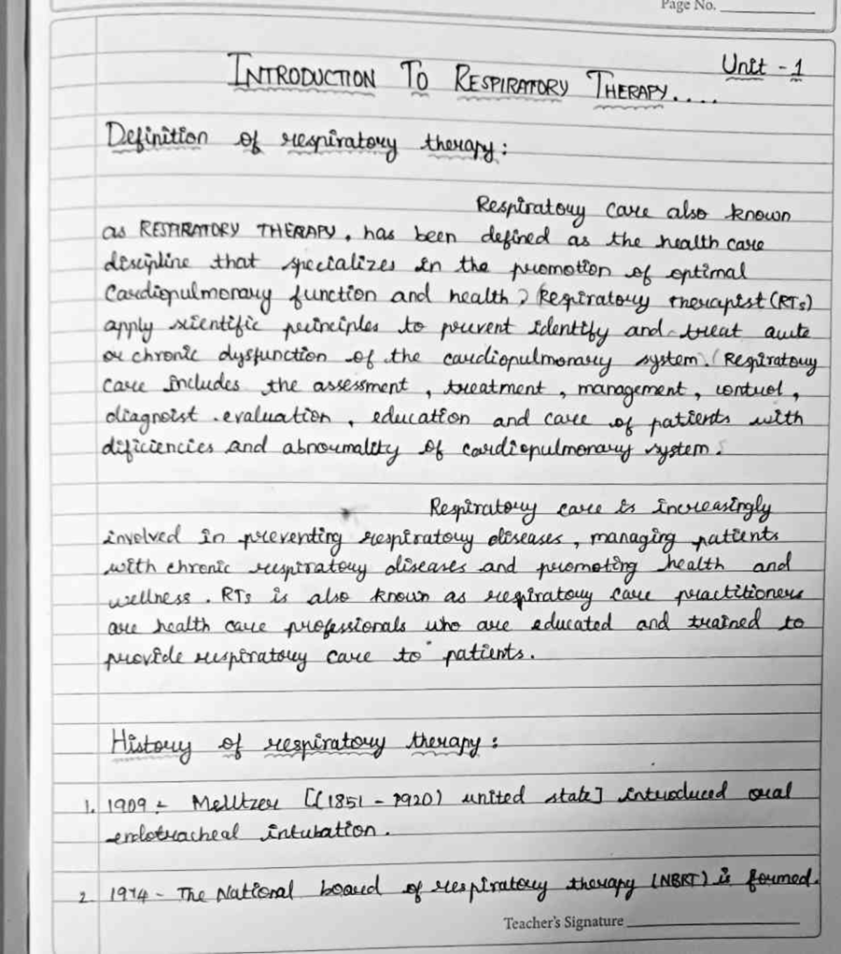 RT record notes - Page No. INTRODUCTION To RESPIRATORY THERAPY Unit 1 ...