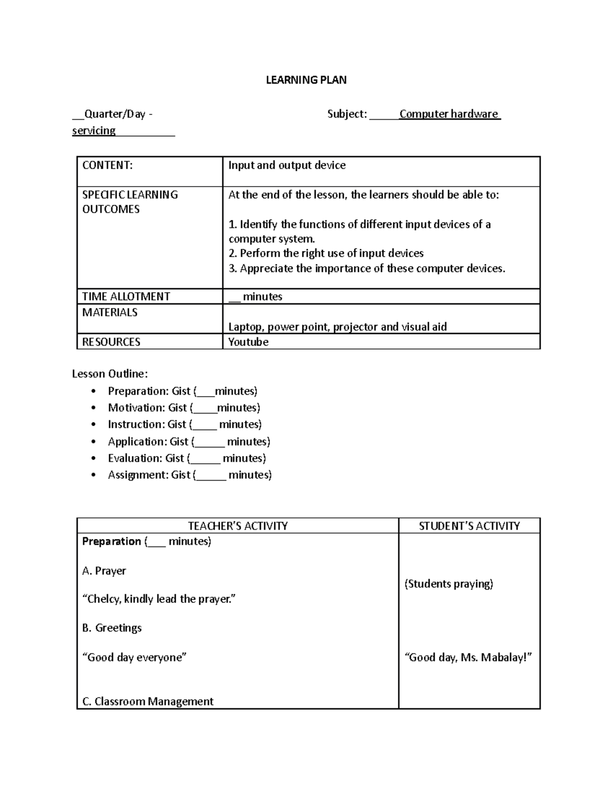 ICT lesson plan - LEARNING PLAN __Quarter/Day - Subject: _____Computer ...