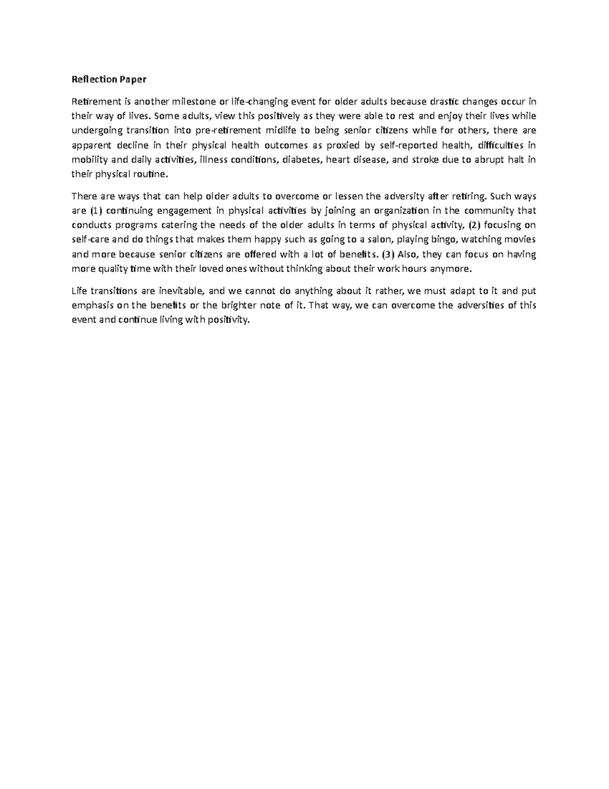 Care of older persons Reflection Paper on retirement - Reflection Paper ...