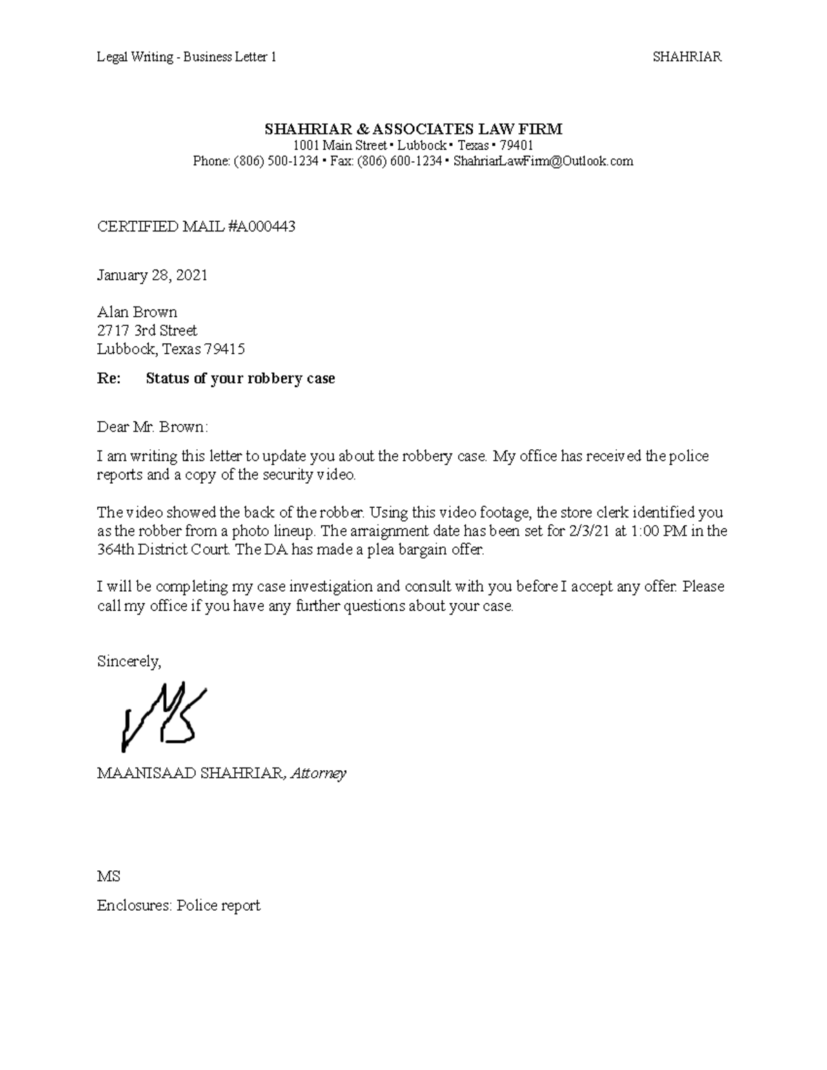 Business Letter - Brown: I am writing this letter to update you about ...