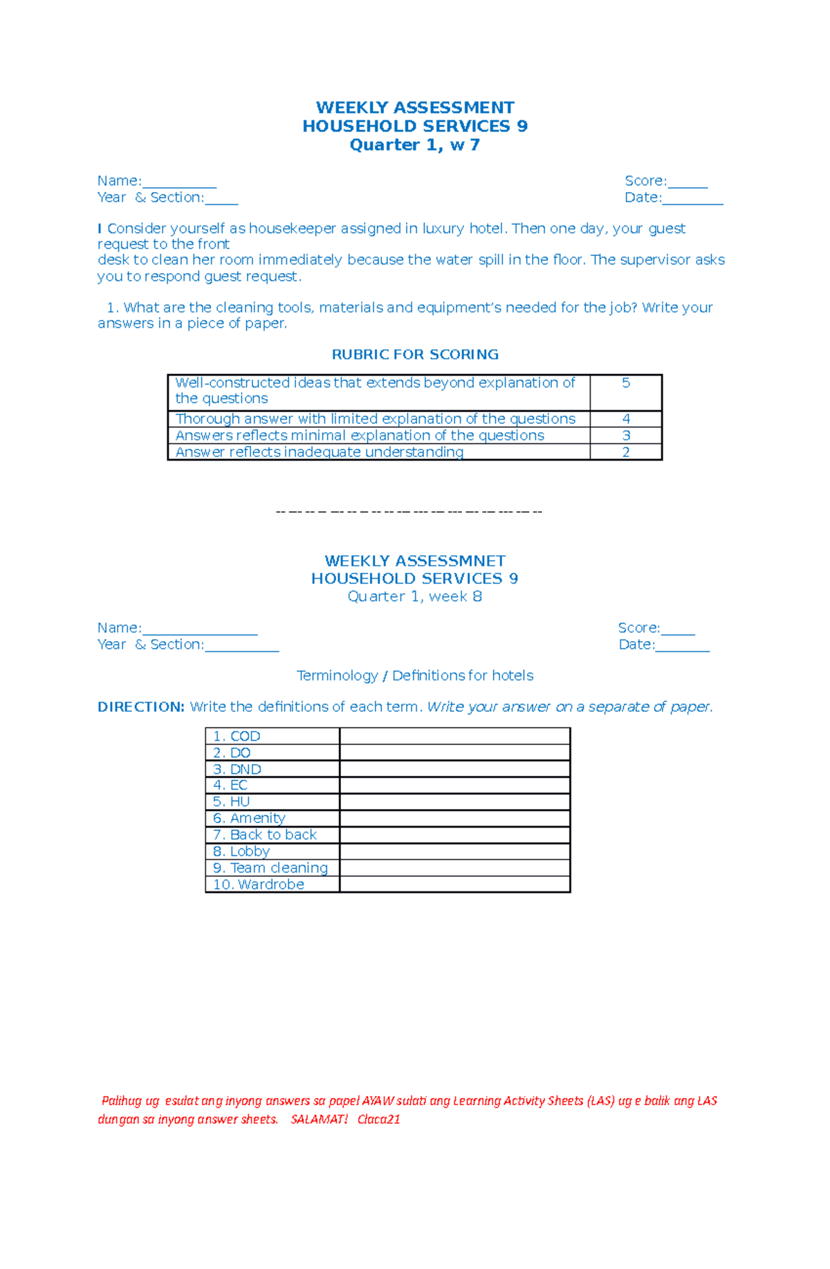 Weekly Assessment HS9 Q1,w7 - WEEKLY ASSESSMENT HOUSEHOLD SERVICES 9 ...