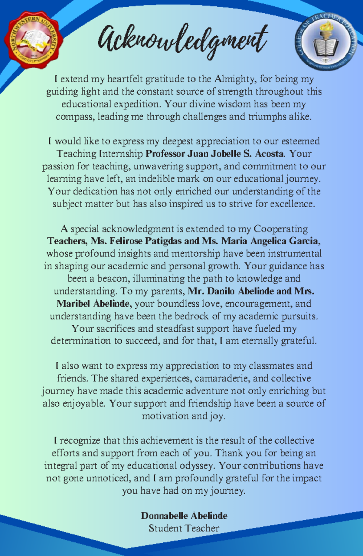 Dental clinic - work immersion - Acknowledgment I extend my heartfelt ...