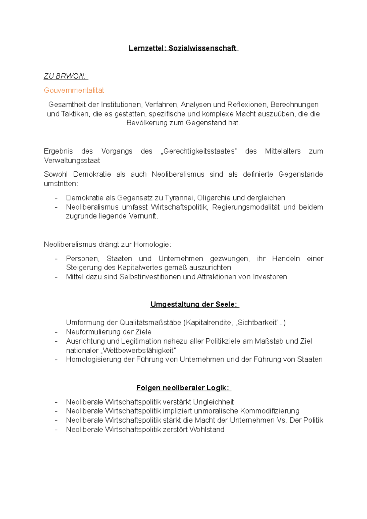 Sowi lernzettel - Online-Klausur - Lernzettel: Sozialwissenschaft ZU BRWON: Gouvernmentalität ...