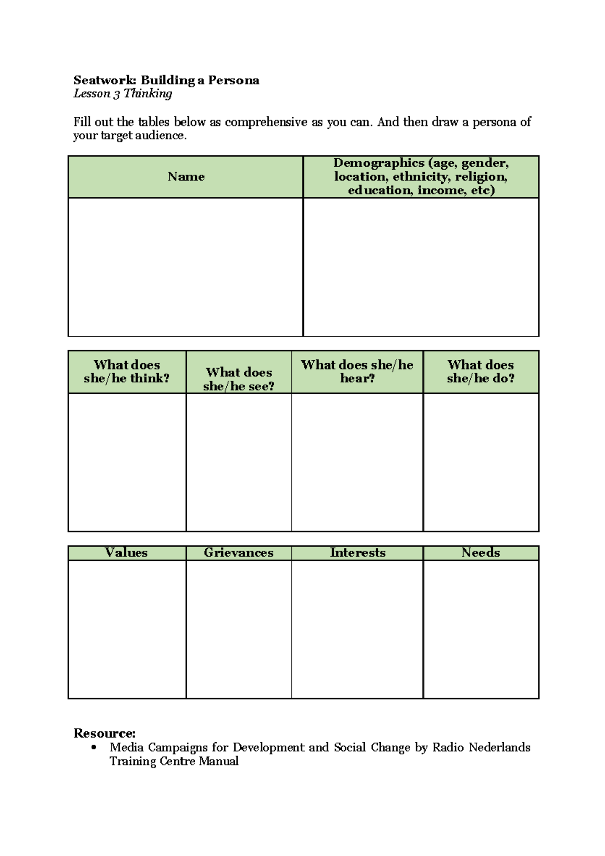 Seatworks for Lesson 3 - Seatwork: Building a Persona Lesson 3 Thinking ...