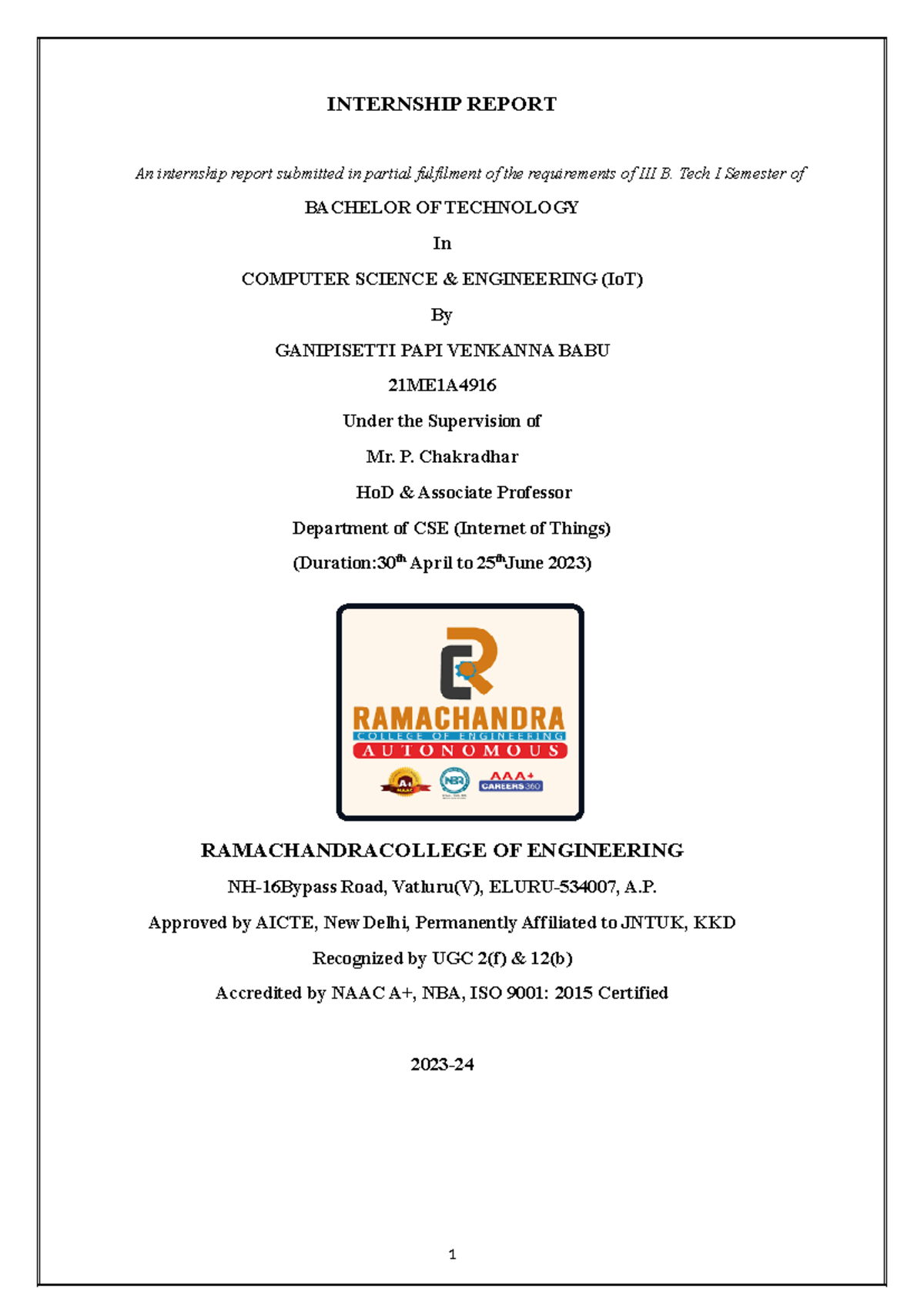 Internship 4916 - It will use to some one - INTERNSHIP REPORT An ...