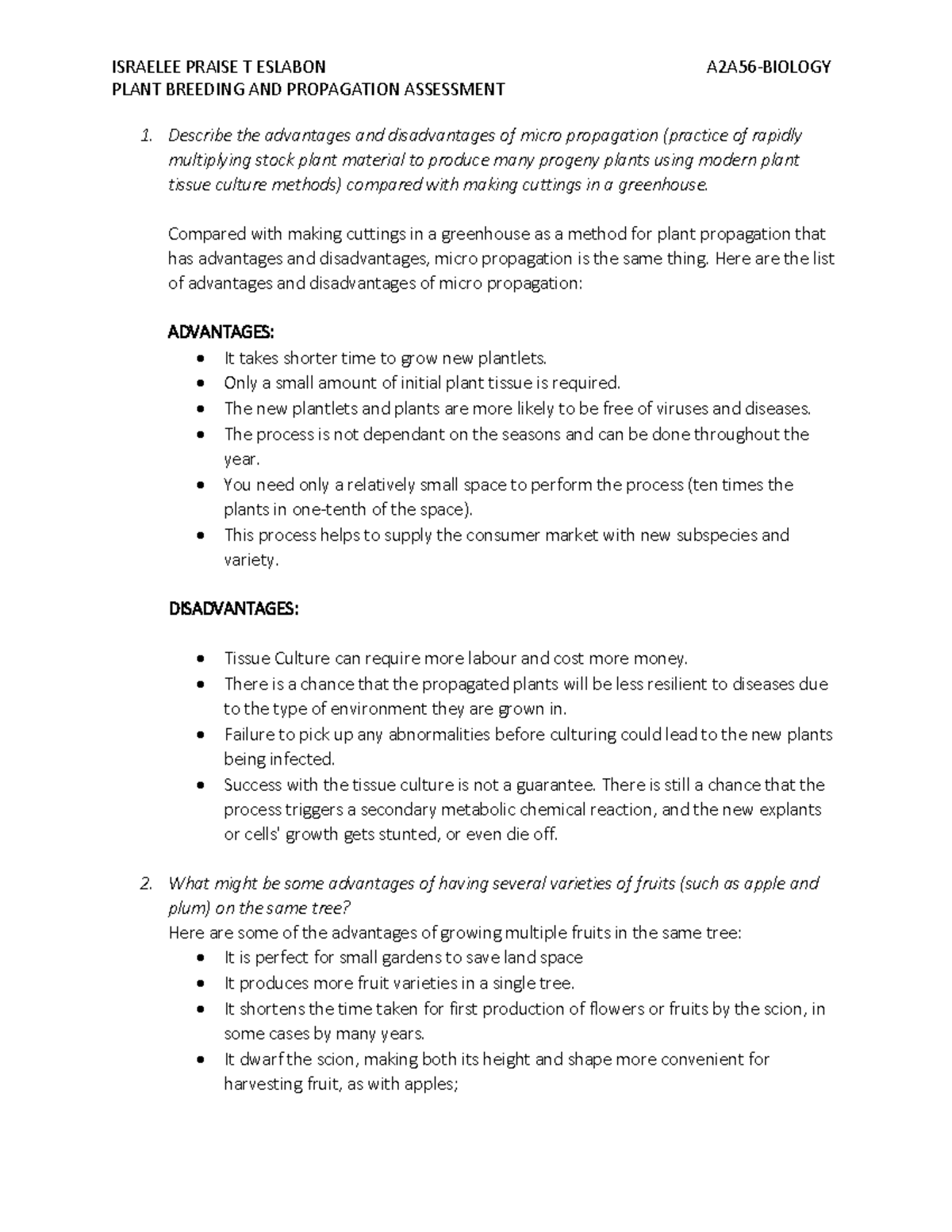 PLANT BREEDING AND PROPAGATION ASSESSMENT- BIO 100 SELF ASSESSMENT ...