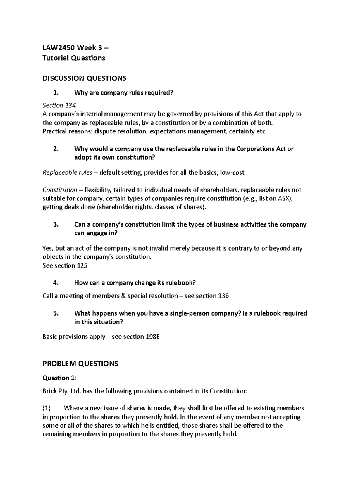 Week 3 In Class Questions Law2450 Week 3 Tutorial Questions