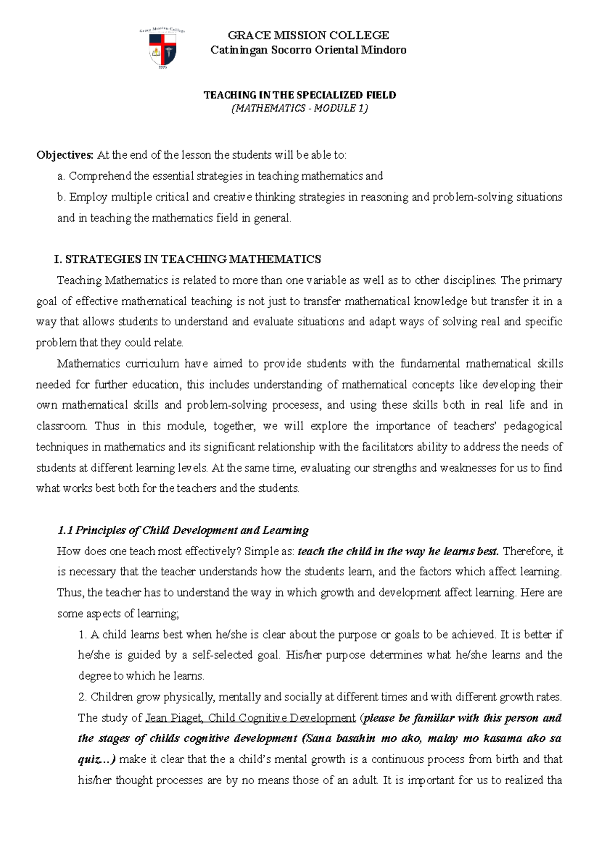 Teaching IN THE Specialized Field (Module 1) - TEACHING IN THE ...