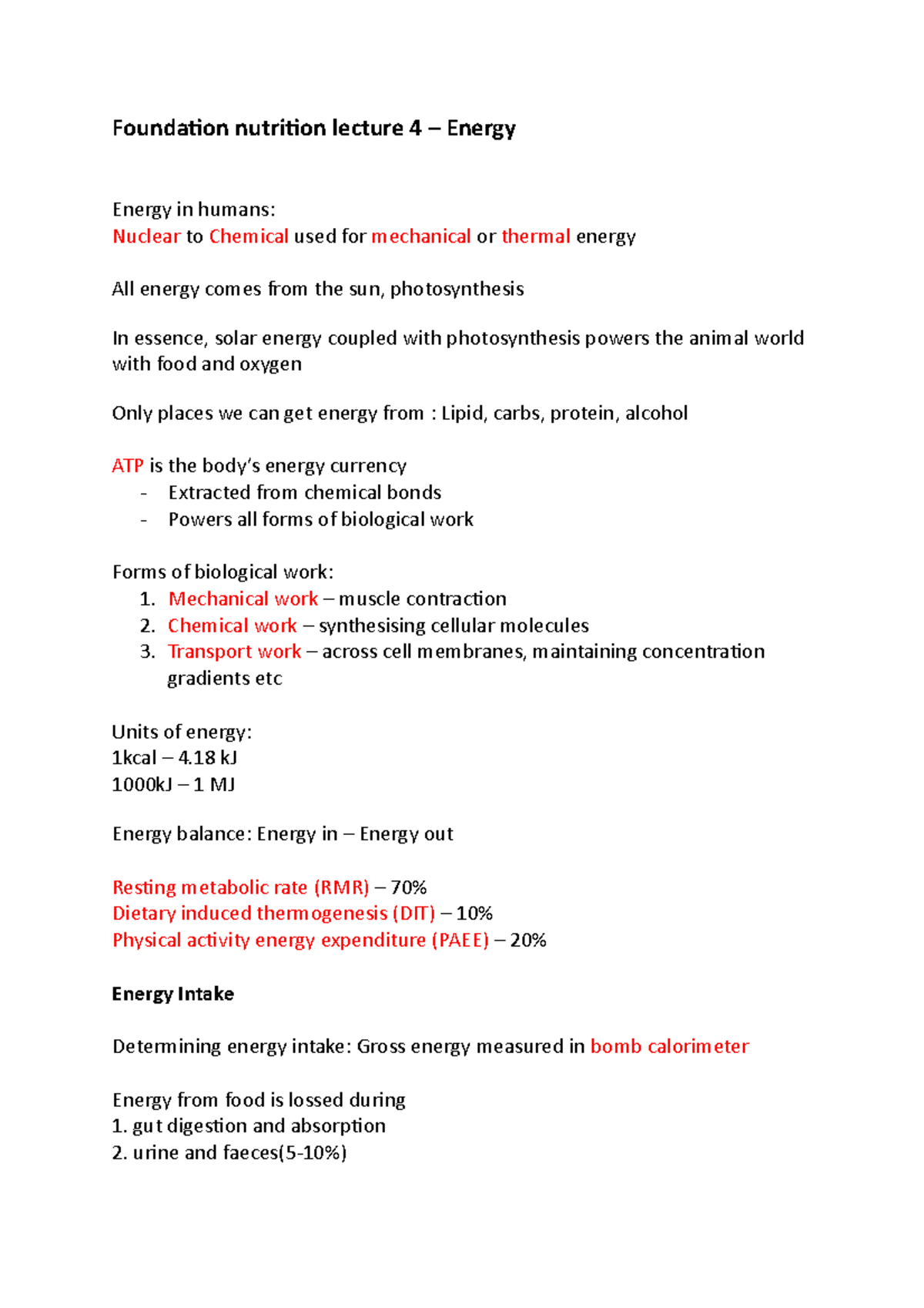 Lecture 4 Energy- Nutrition notes - Foundation nutrition lecture 4 ...