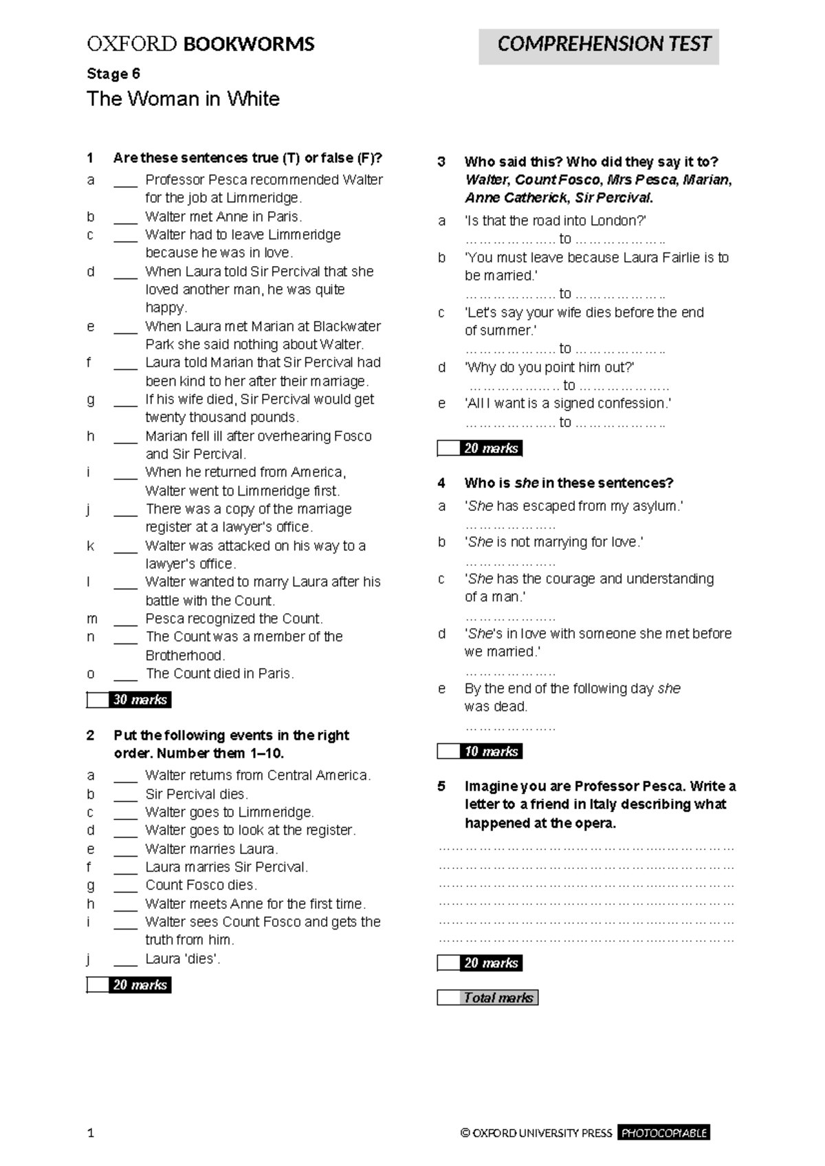 Obw the woman in white-answer - OXFORD BOOKWORMS COMPREHENSION TEST ...