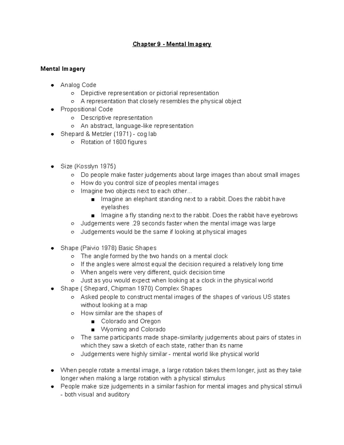 Chapter 9 - Mental Imagery - Chapter 9 - Mental Imagery Mental Imagery Analog Code Depictive ...