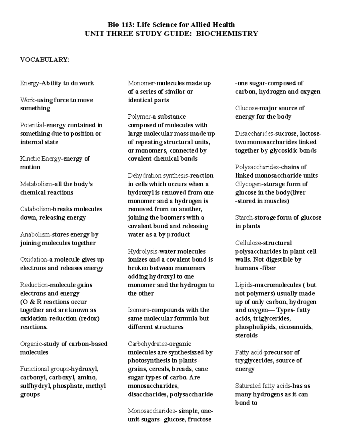 Unit 3 quiz study guide with answers Bio113 - Bio 113: Life Science for ...